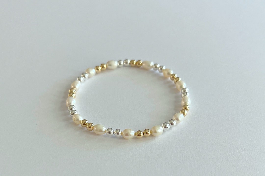 14k Gold Filled, Sterling Silver Bead & Freshwater Pearl Beaded Stretch ...