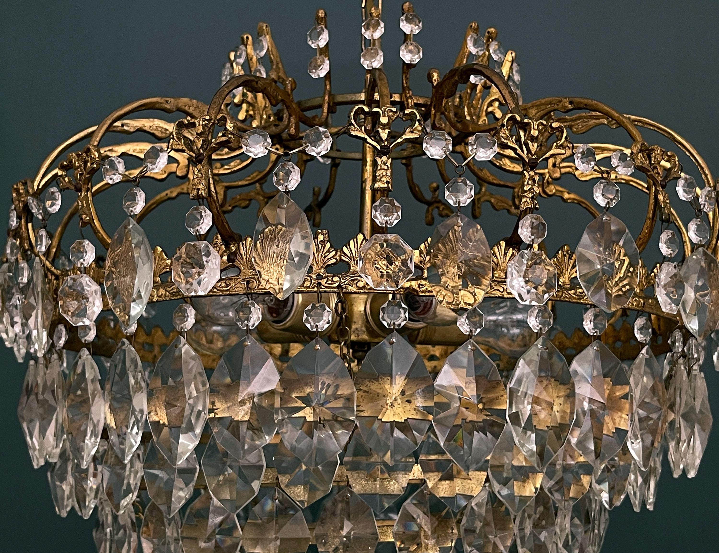 Antique / Vintage Brass & Crystals CROWN 7 Tiers 6 Lights HUGE ...