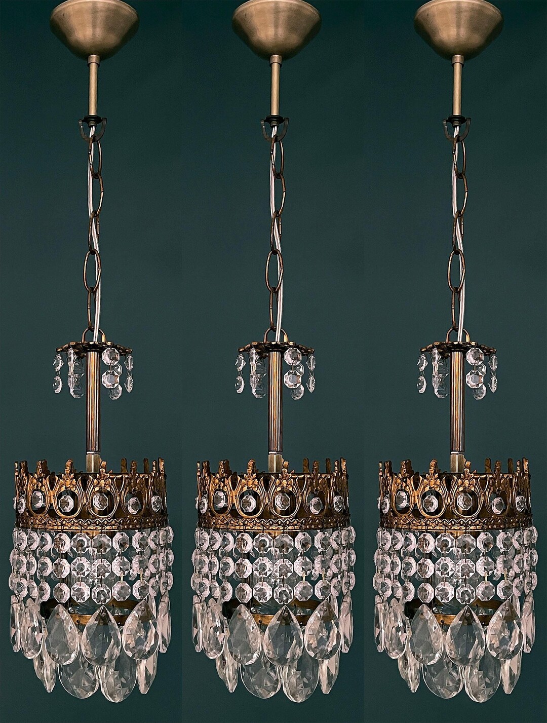 Three Matching Antique * Vintage Brass & Crystals Small Chandelier ...