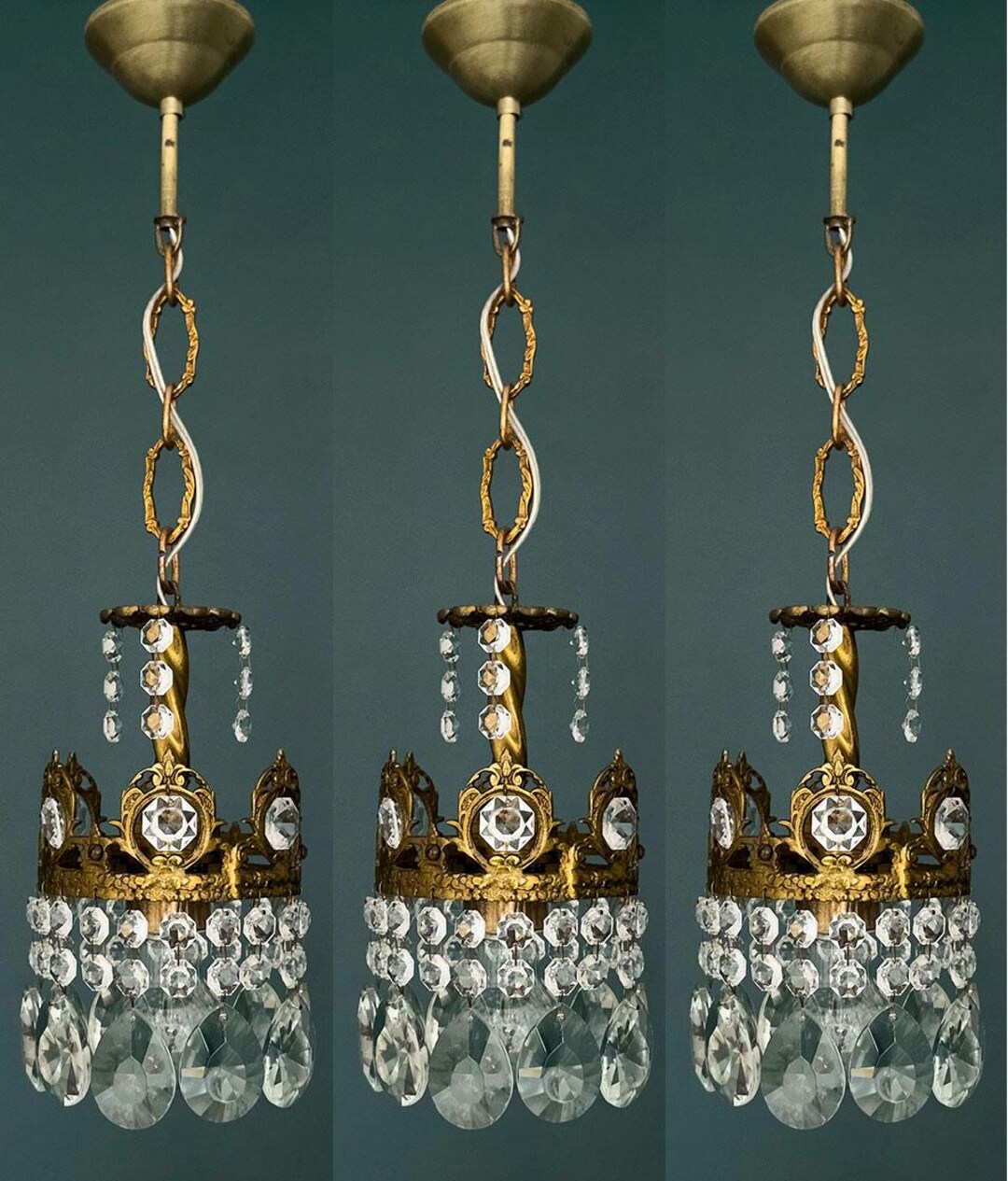 Matching Set of Three Antique / Vintage Brass & Crystals Small ...