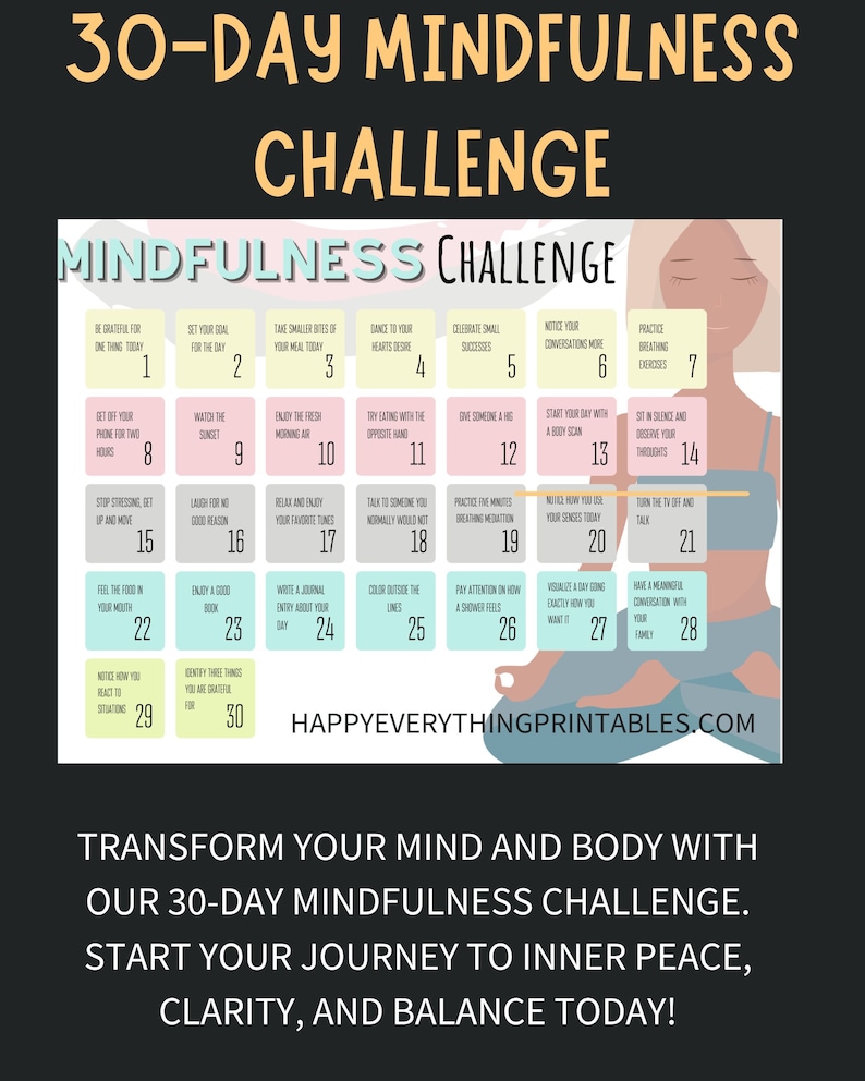 30-day Mindfulness Challenge Printable, Mindfulness Challenge, 30 Day ...