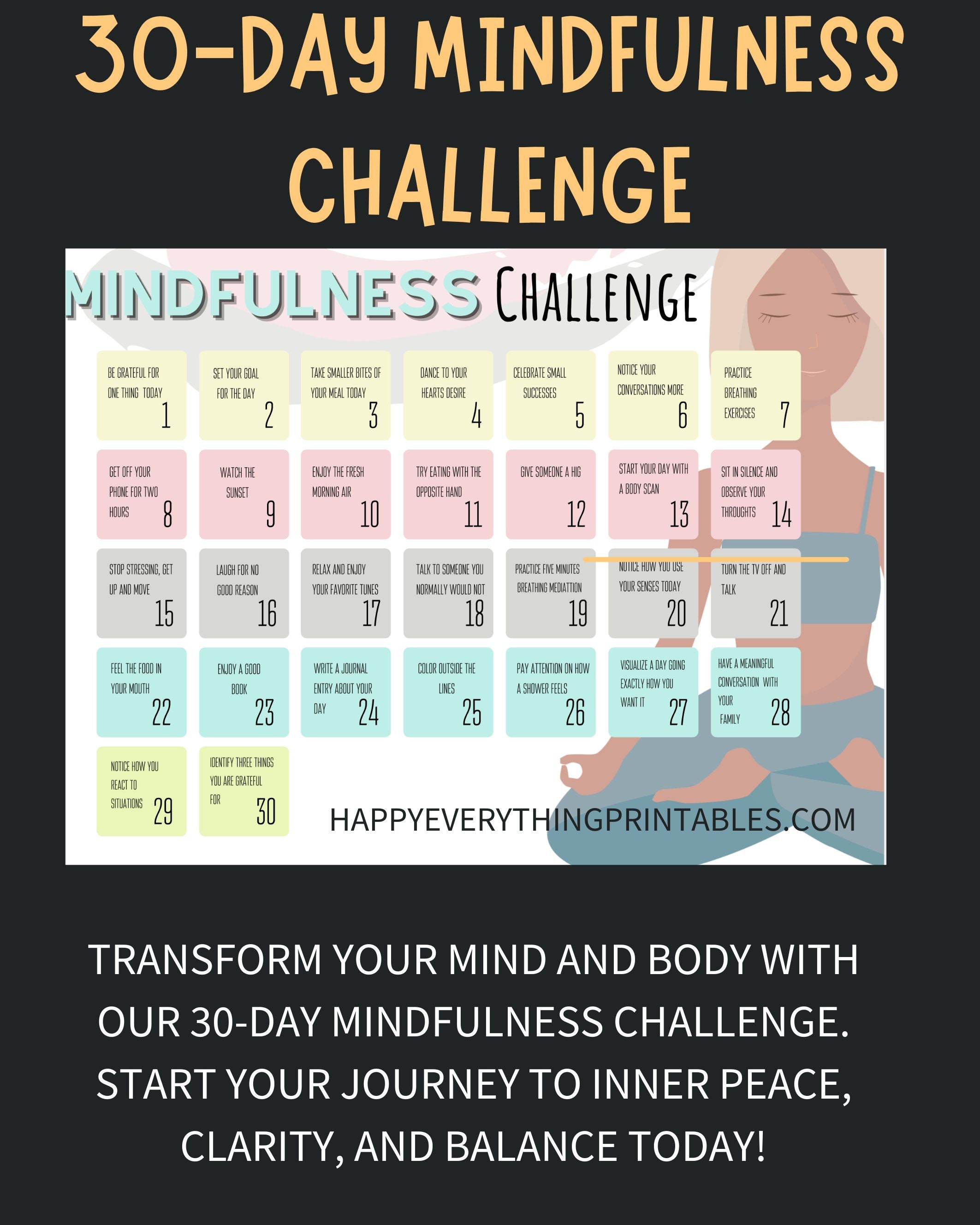 30-day Mindfulness Challenge Printable, Mindfulness Challenge, 30 Day ...