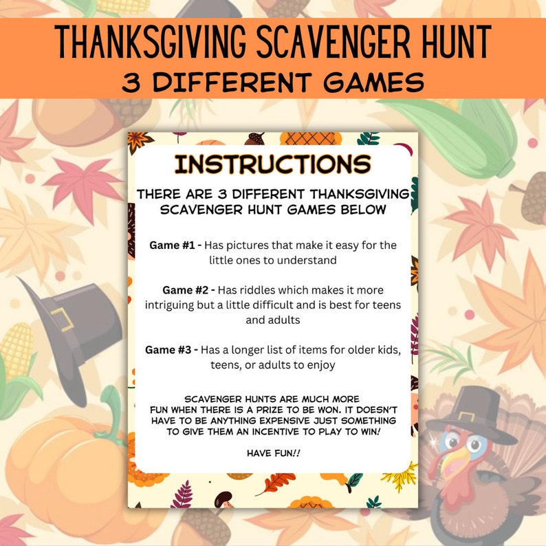 Thanksgiving Scavenger Hunt Printable - 3 Fall-themed Game Pack, Family ...