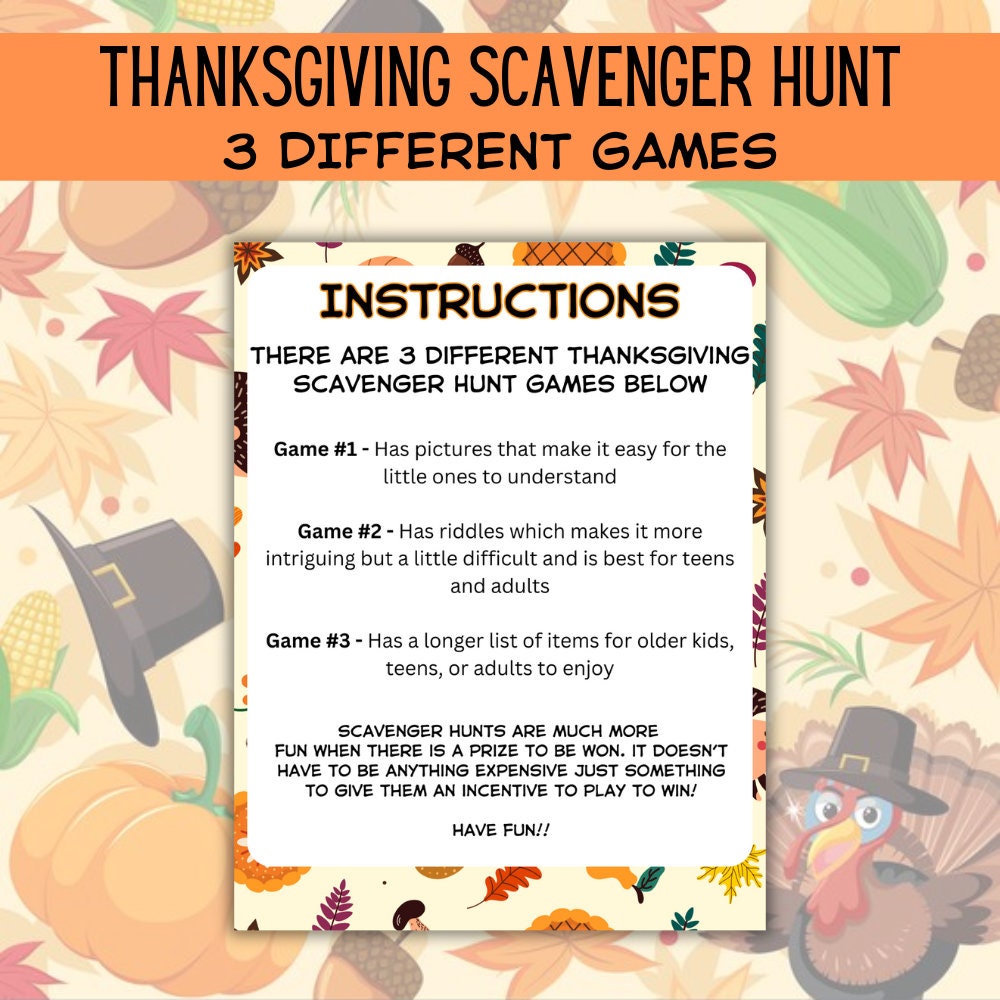 Thanksgiving Scavenger Hunt Printable - 3 Fall-themed Game Pack, Family ...
