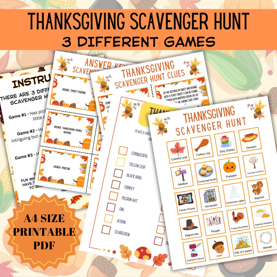 Thanksgiving Scavenger Hunt Printable - 3 Fall-themed Game Pack, Family ...
