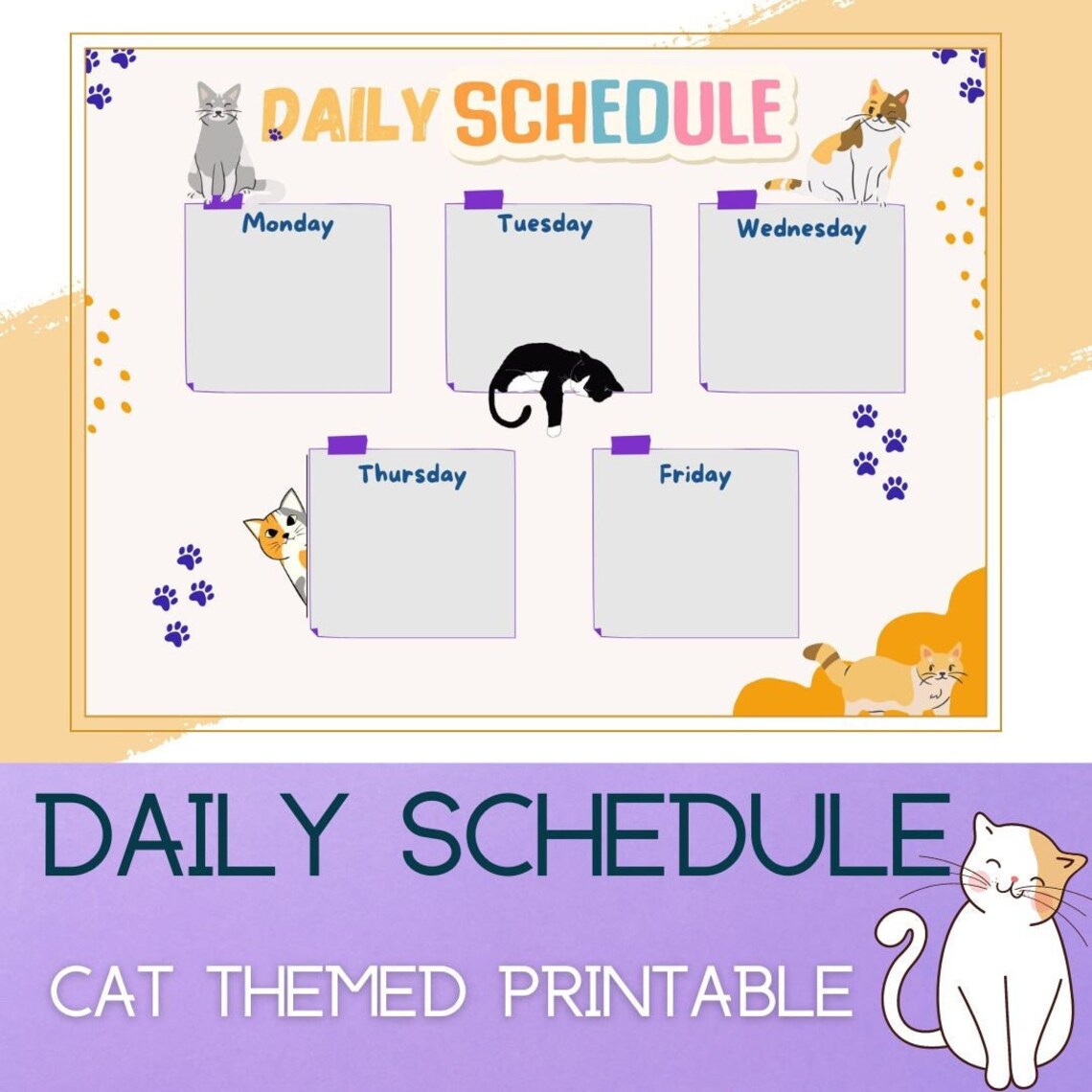 Cat Themed Daily Schedule- Daily Schedule Printable- Cat Daily Schedule ...