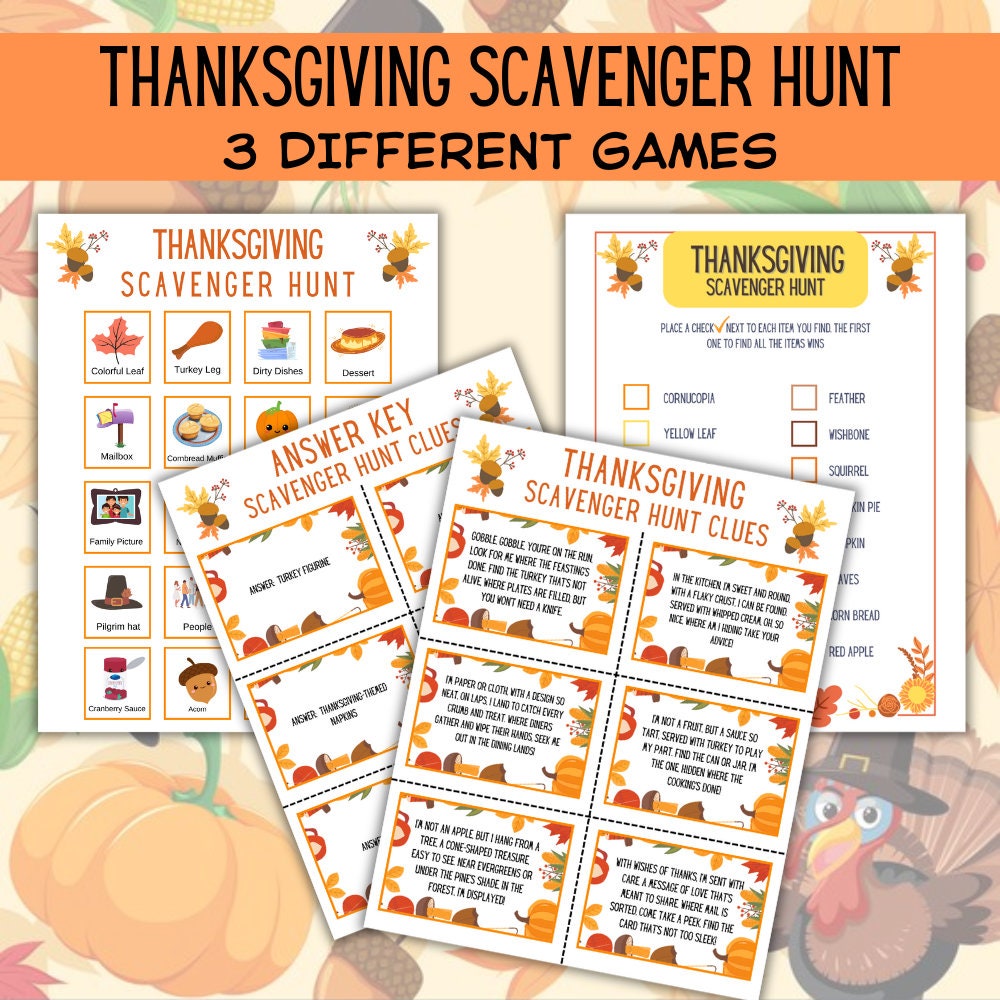 Thanksgiving Scavenger Hunt Printable - 3 Fall-themed Game Pack, Family ...