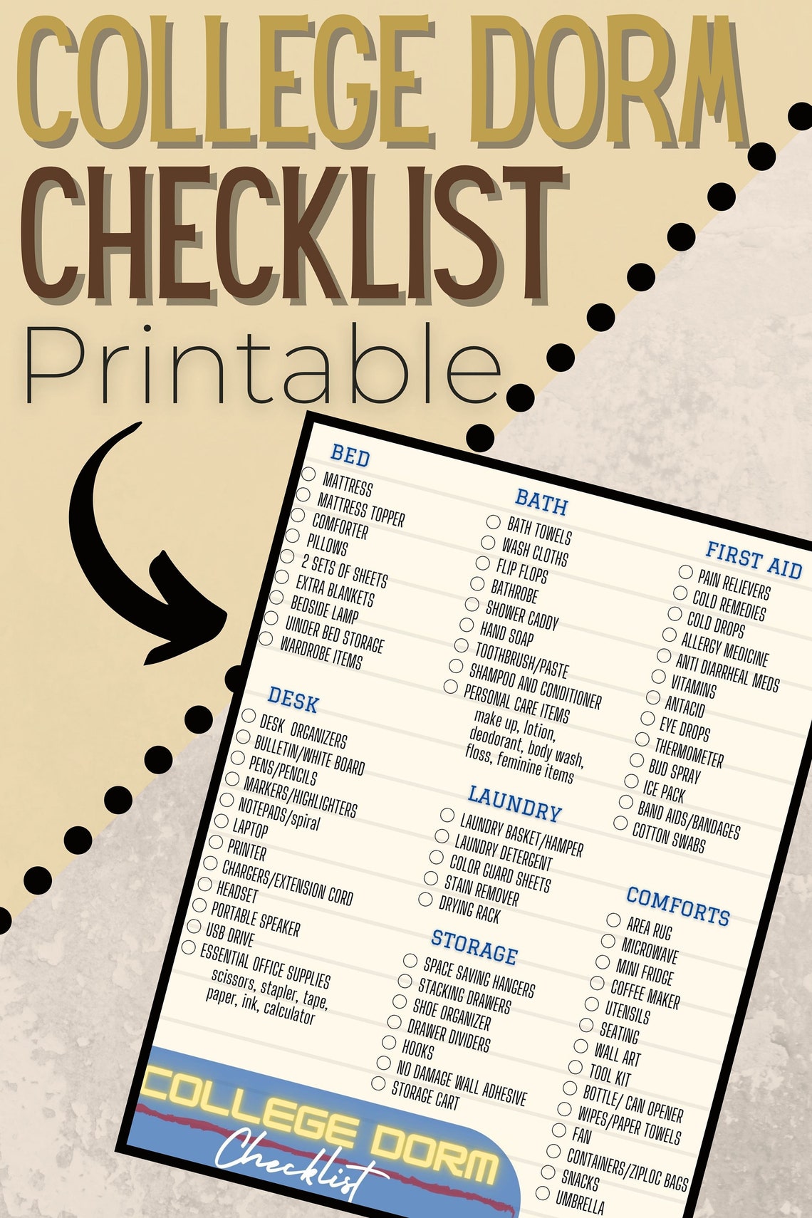 College Dorm Checklist Printable | Freshman Dorm Essentials List ...