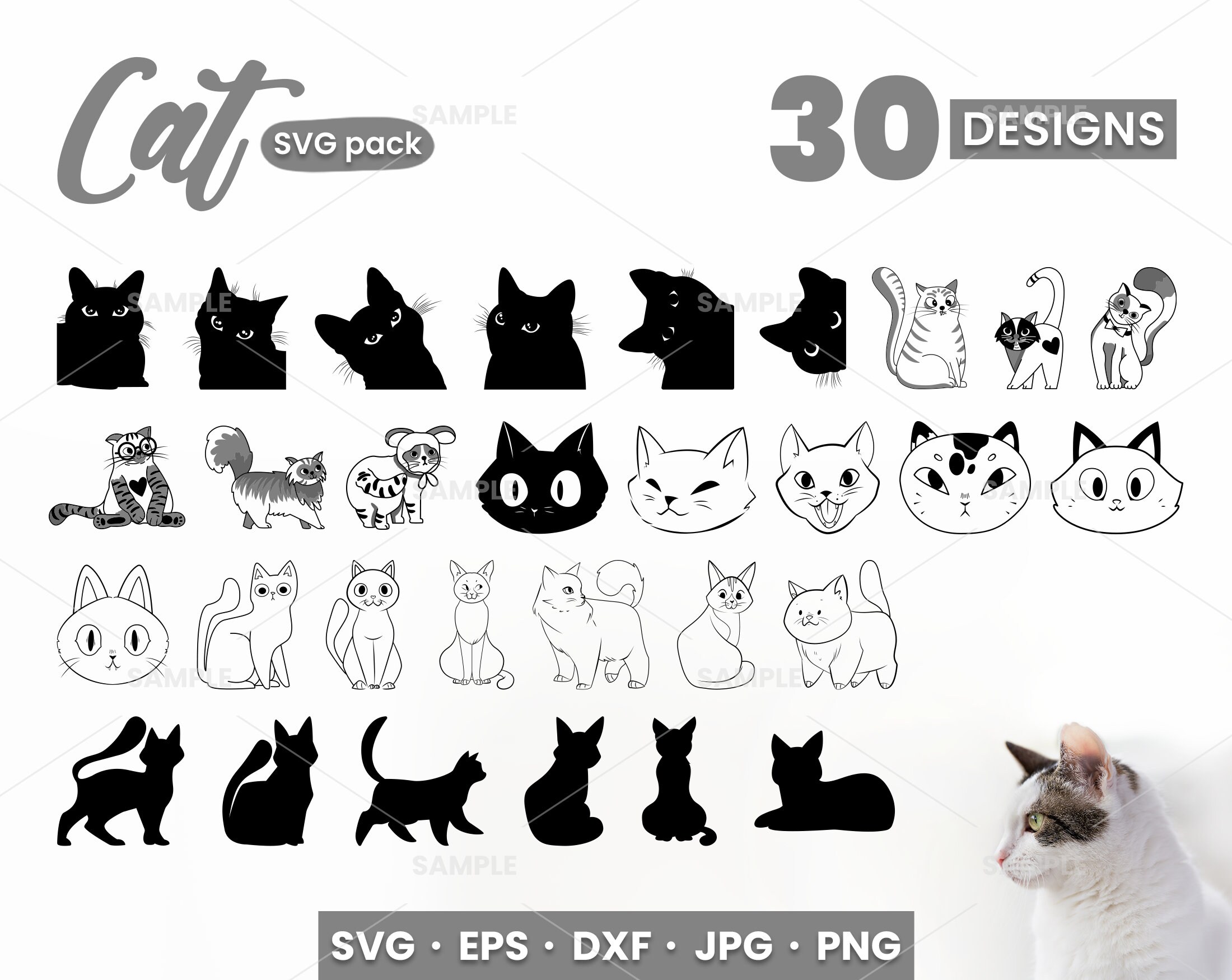 30 Cat SVG Bundle | Cat Svg Design, Kitty Svg Silhouette, Cute Cat Svg ...