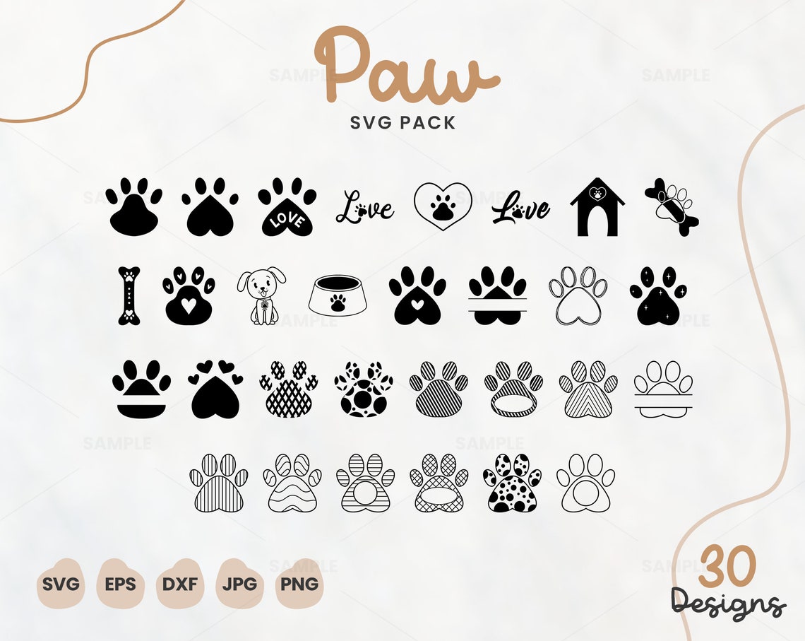 30 Paw SVG Pack | Pet Paw SVG, Dog Love SVG, Cat Paw Print Svg, Animal ...