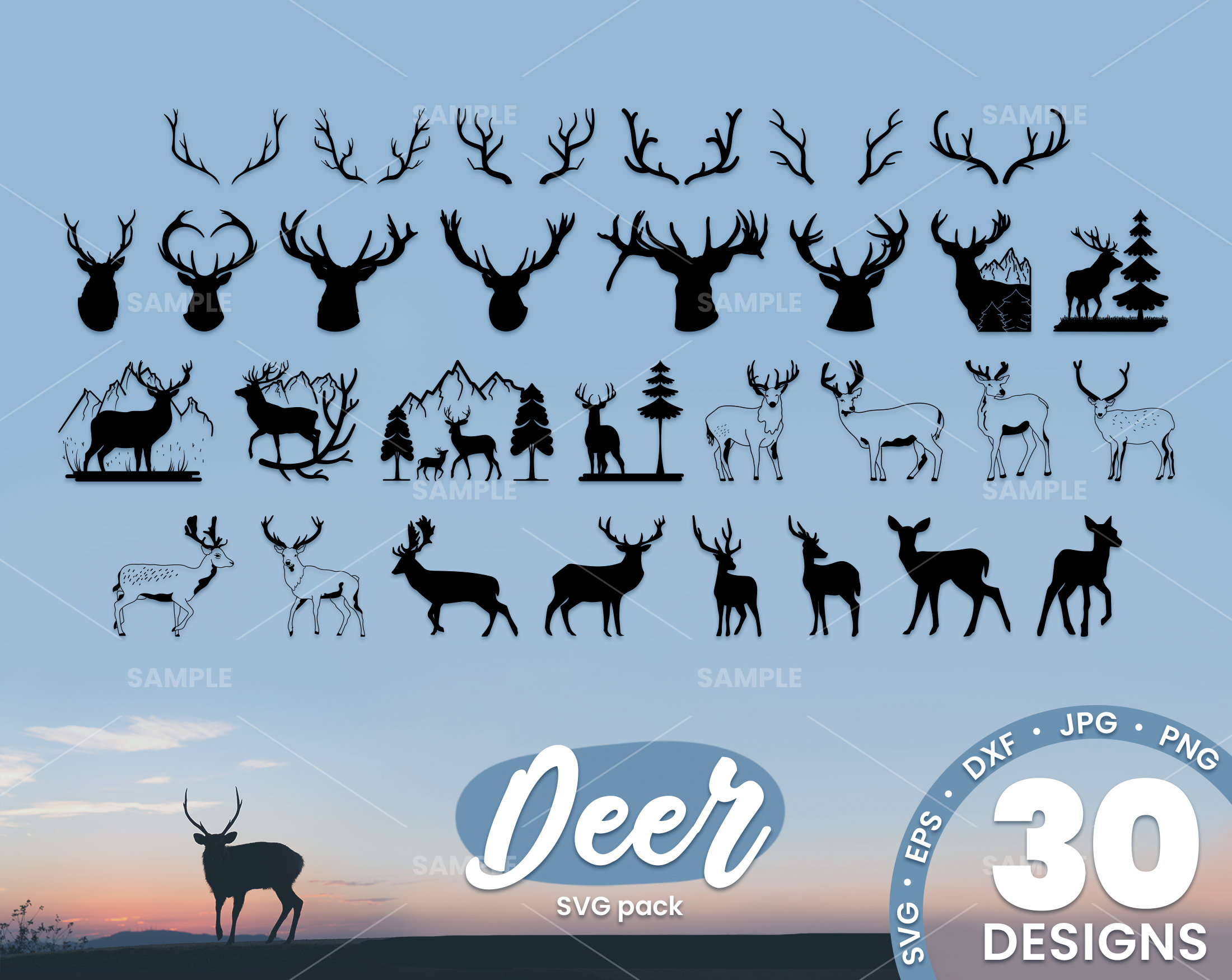 30 Deer SVG Bundle | Deer Head SVG , Deer Svg, Deer Clipart, Deer Head ...
