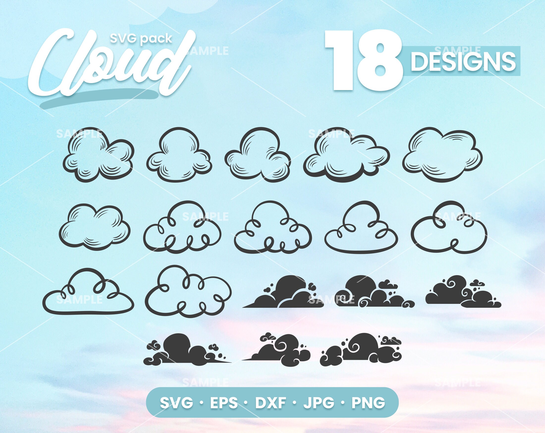 18 Cloud SVG Bundle | Cloud Svg, Cloud Cut File, Cloud Dxf, Cloud ...