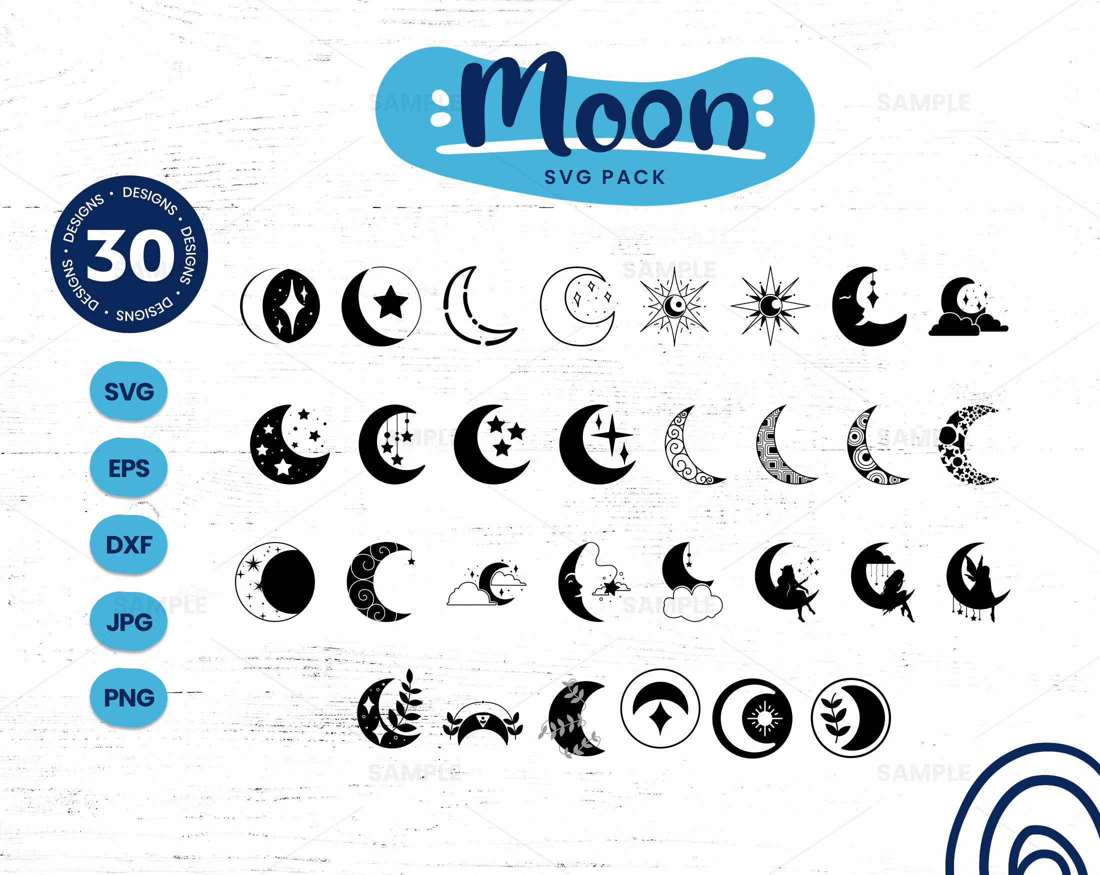 30 Moon SVG Pack | Crescent Moon Svg Bundle, Crescent Moon, Celestial ...