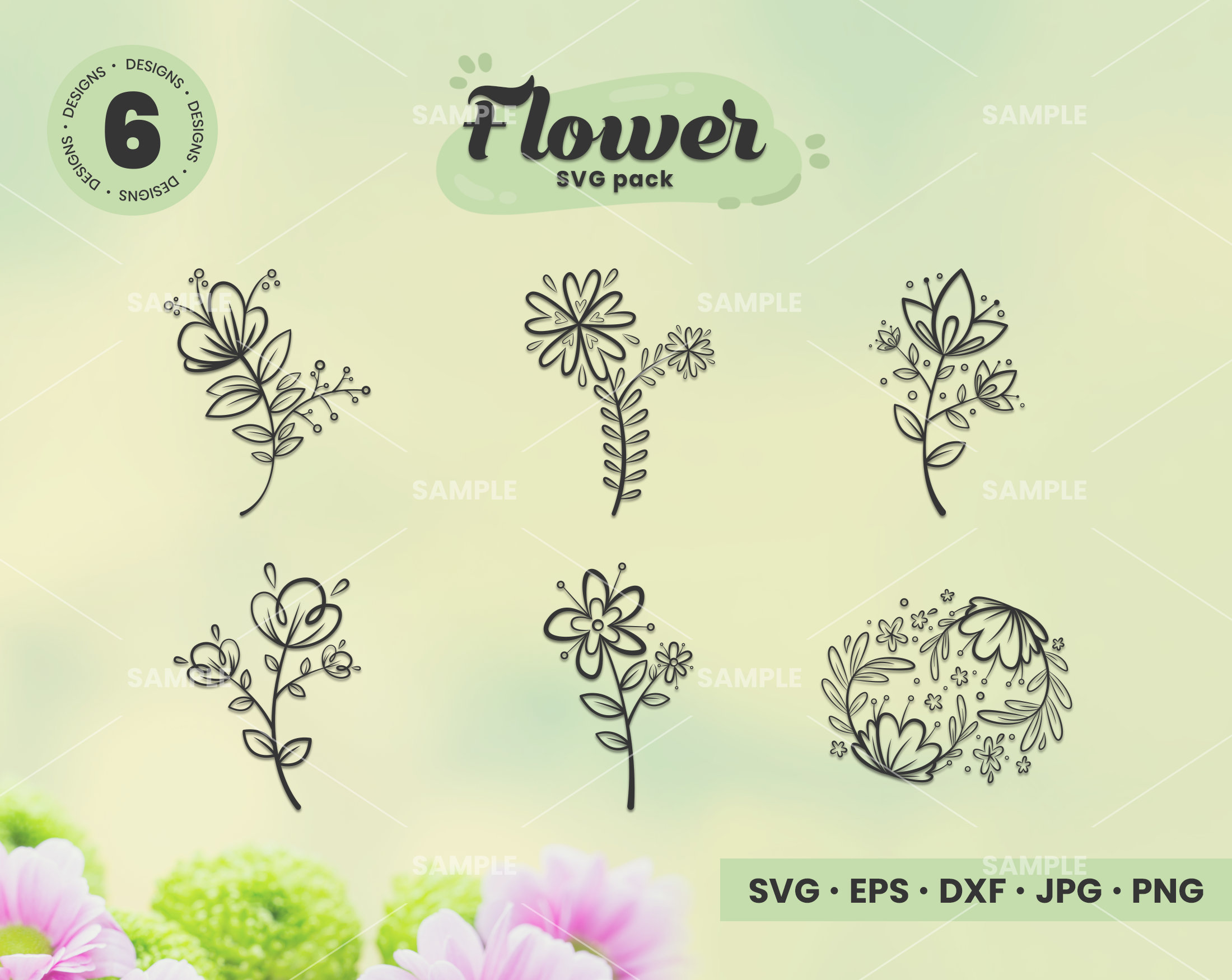 Flores SVG Pack 4 / Flores svg png Dibujado a mano, Svg floral ...