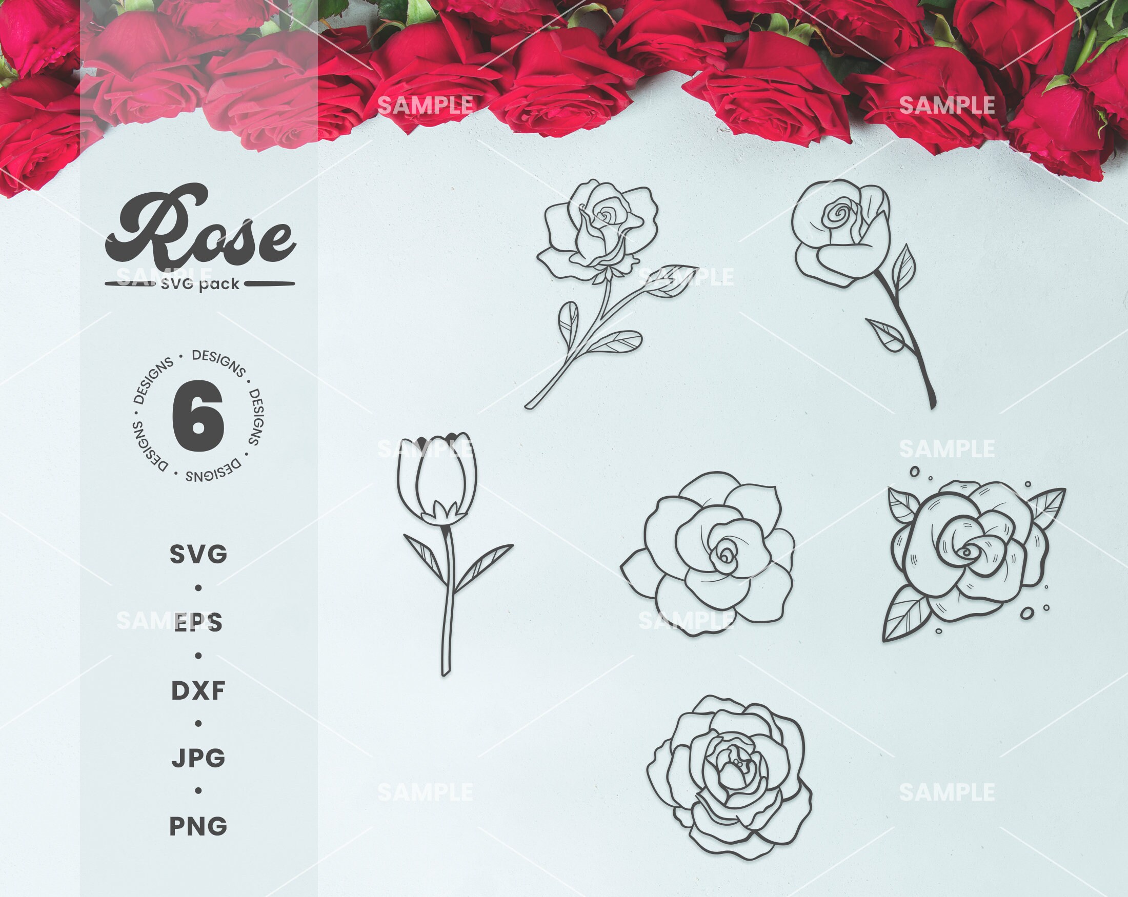 Roses SVG Pack 7 Roses Clipart Svg, Roses Bundle Svg, Roses Cut File ...