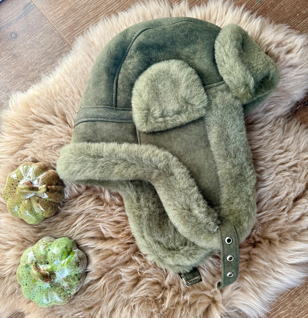 Follkee Men/woman Aviator Hat 100% Sheepskin Wool Lined Handcrafted ...