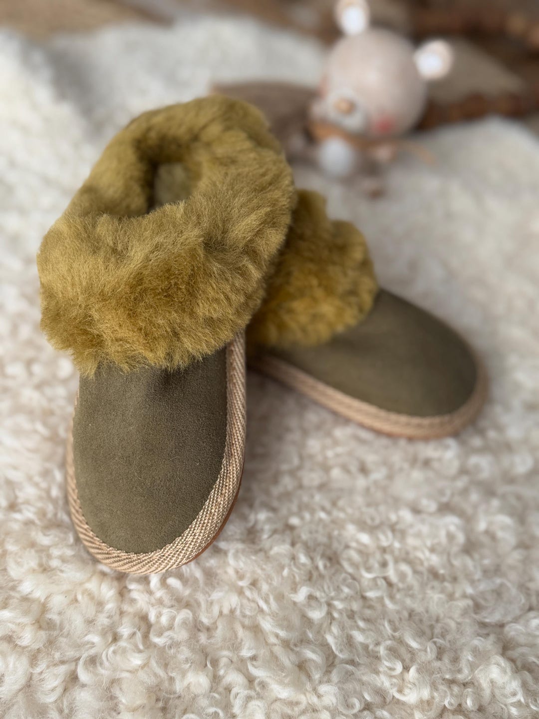 Follkee Kids Slip-on BAMBI 2 Sheep Skin Merino Wool Slippers House ...