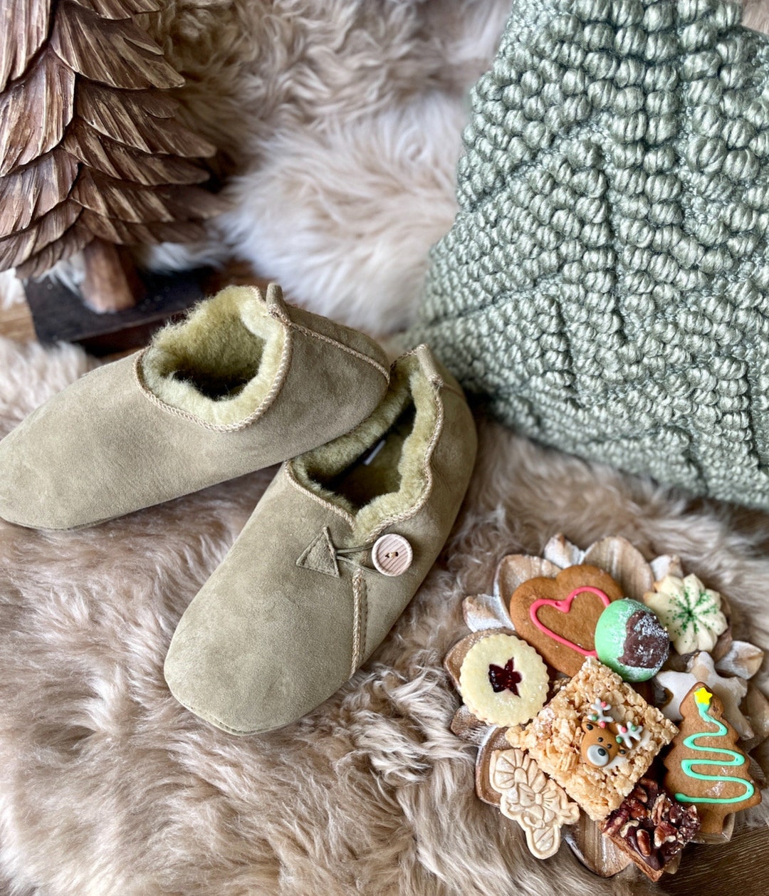 Follkee Bambosh Matcha Green Sheep Skin Wool Lined Handcrafted ...