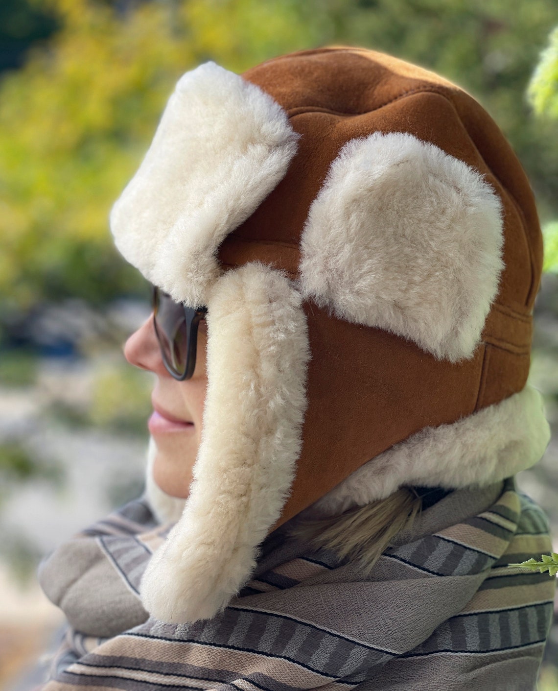 Follkee Pilot Aviator Bomber Hat 100% Sheepskin Wool Lined Handcrafted ...