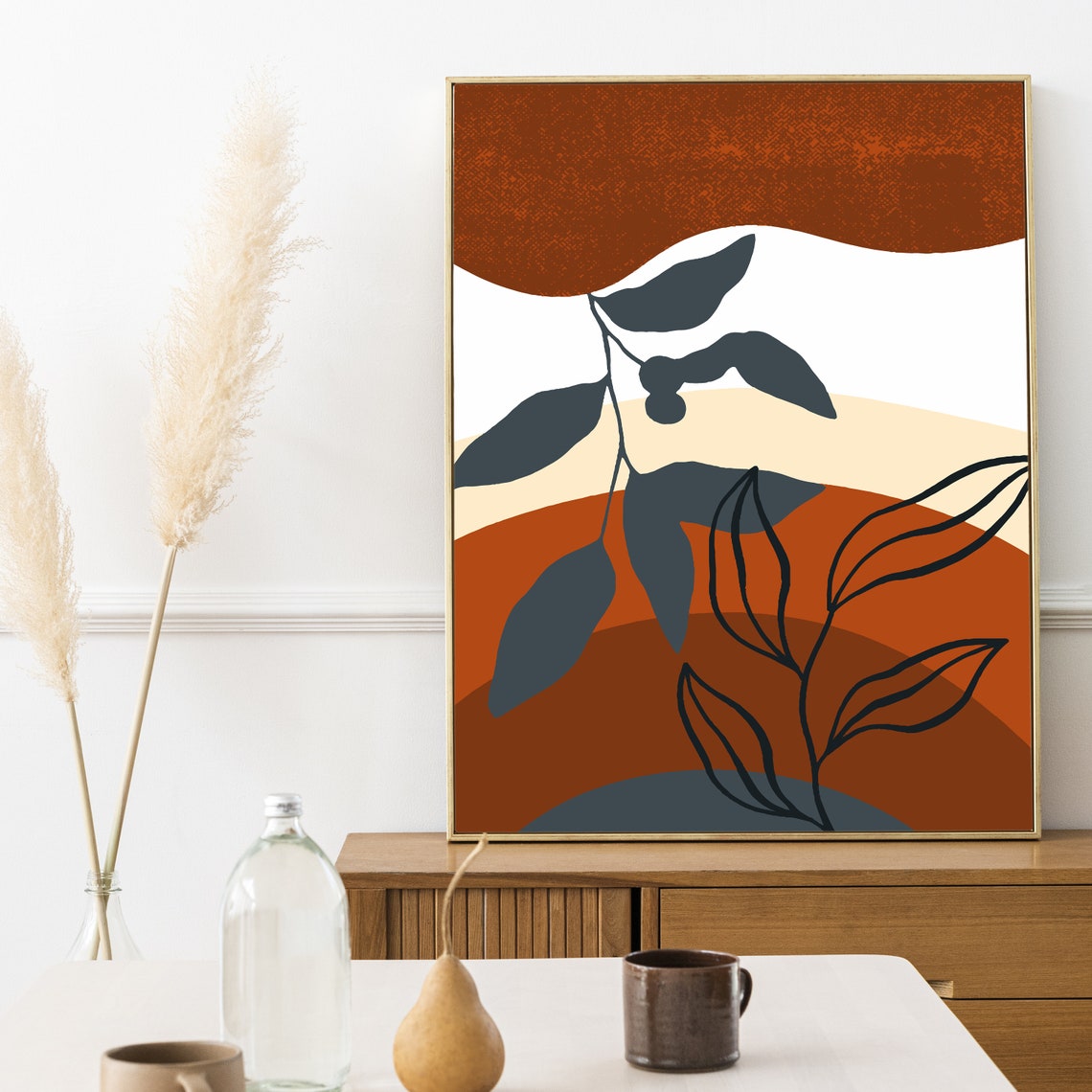 Navy Blue Rust Orange Botanical Abstract Print Indigo - Etsy UK