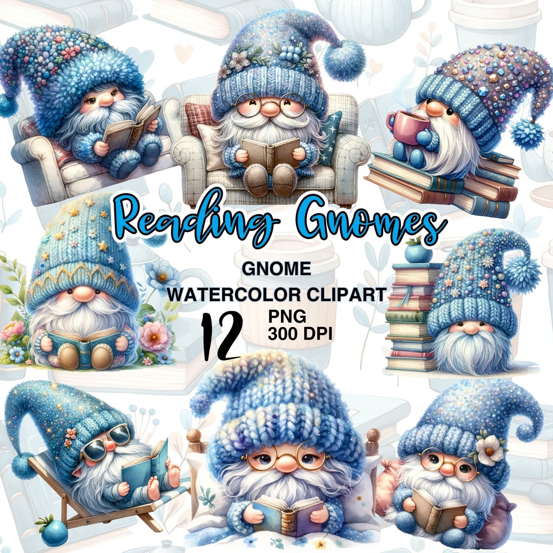Watercolor Reading Gnomes Clipart. 12 PNG Printable Bookworm Gnomes ...