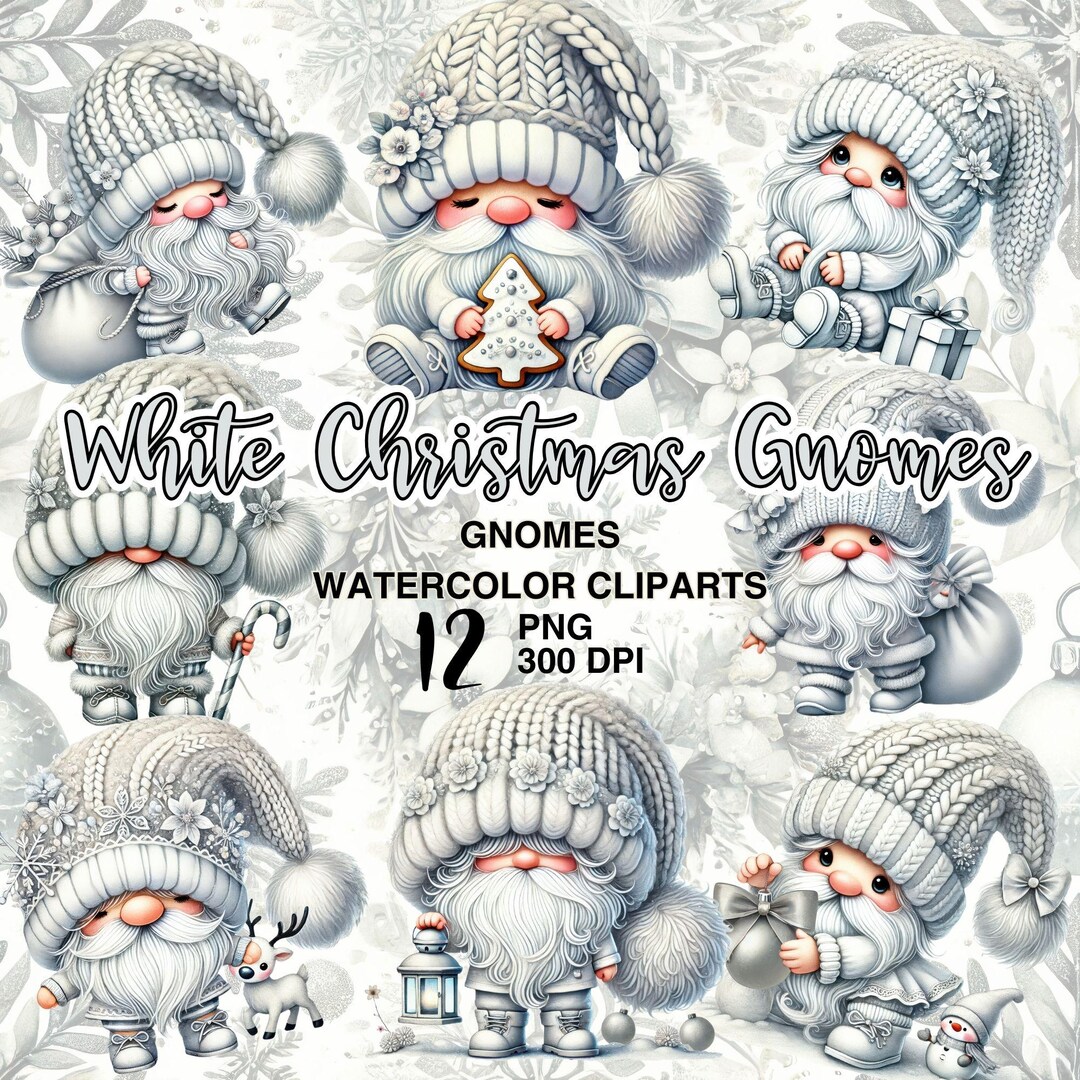 Watercolor White Christmas Gnomes Clipart Set. 12 Cute Seasonal Gnome ...