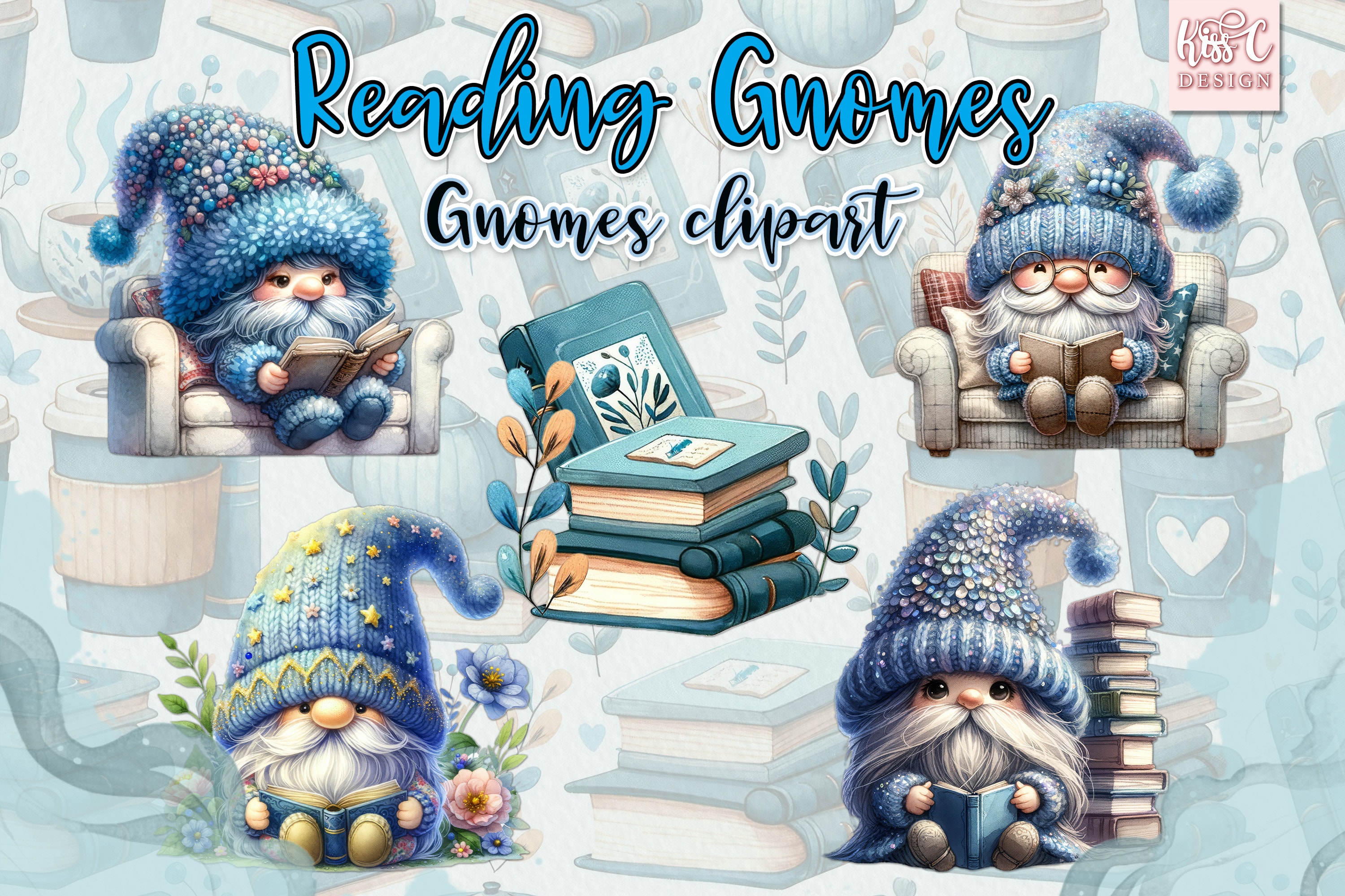 Watercolor Reading Gnomes Clipart. 12 PNG Printable Bookworm Gnomes ...