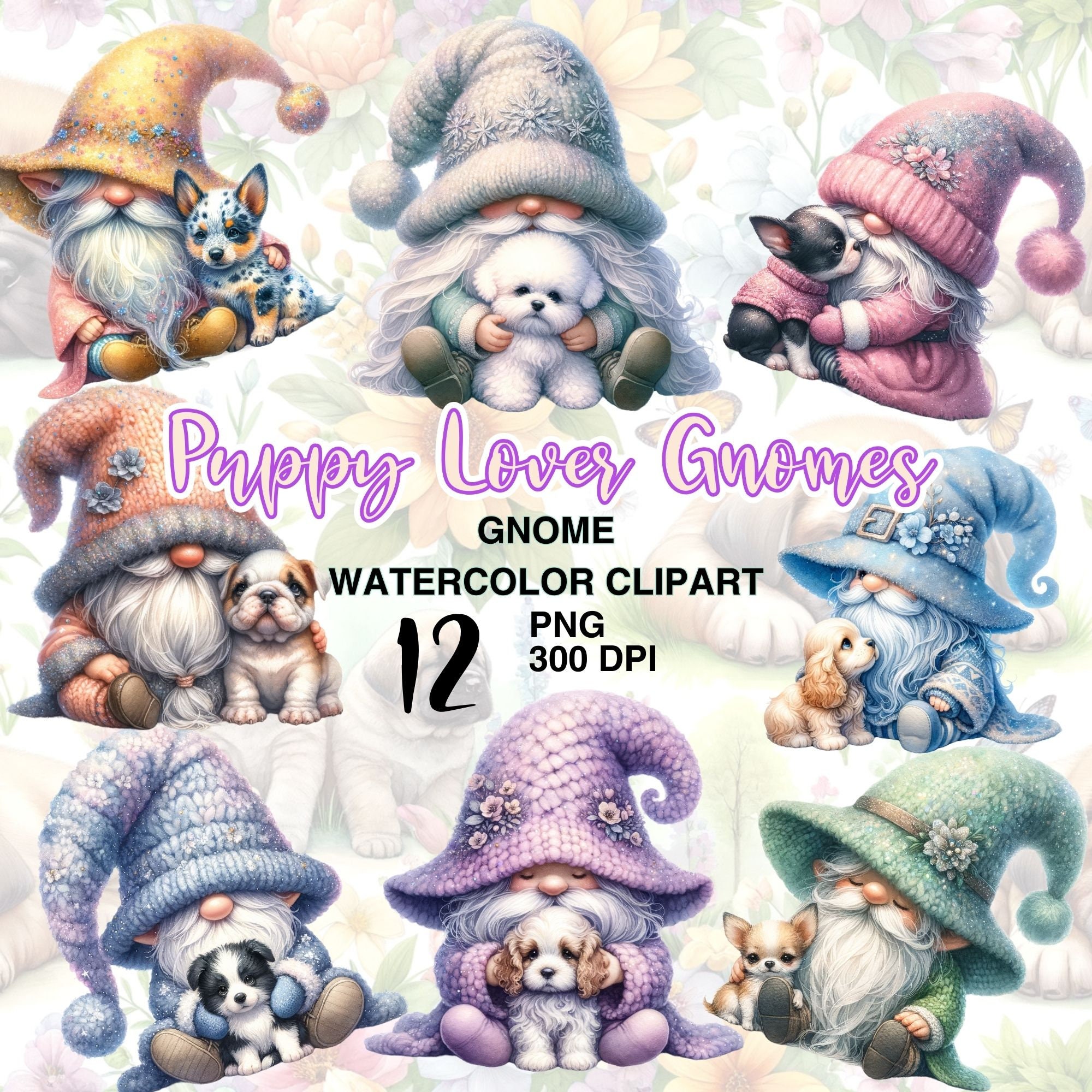 Watercolor Spring Puppy Gnomes Clipart. Printable Puppy Gnome ...
