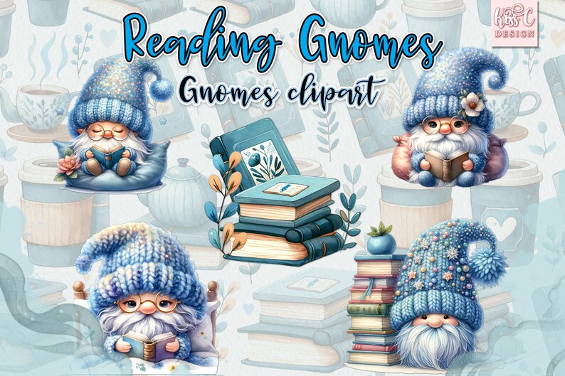 Watercolor Reading Gnomes Clipart. 12 PNG Printable Bookworm Gnomes ...