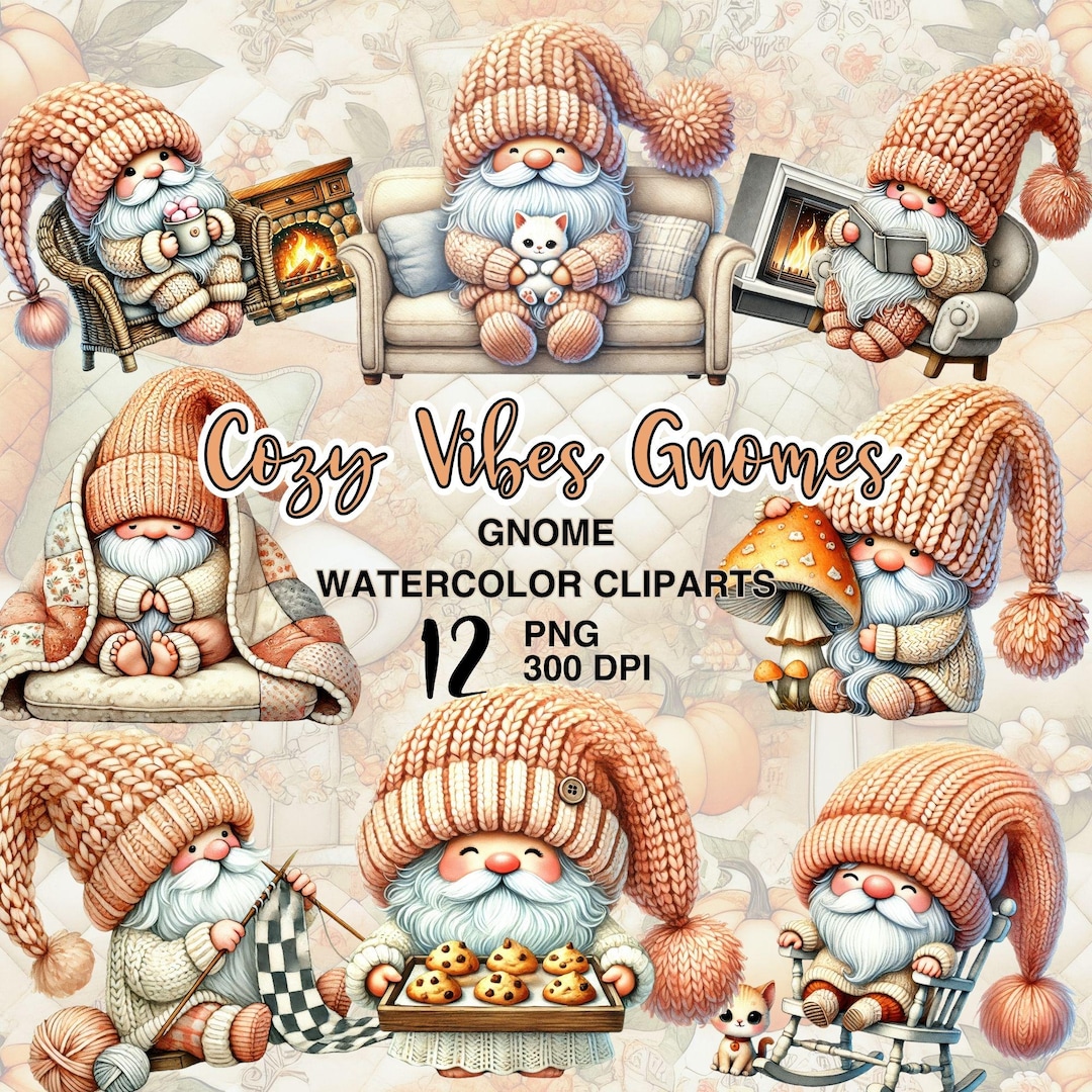 Watercolor Cozy Vibes Gnomes Clipart Set. 12 Cute Autumn Gnome ...