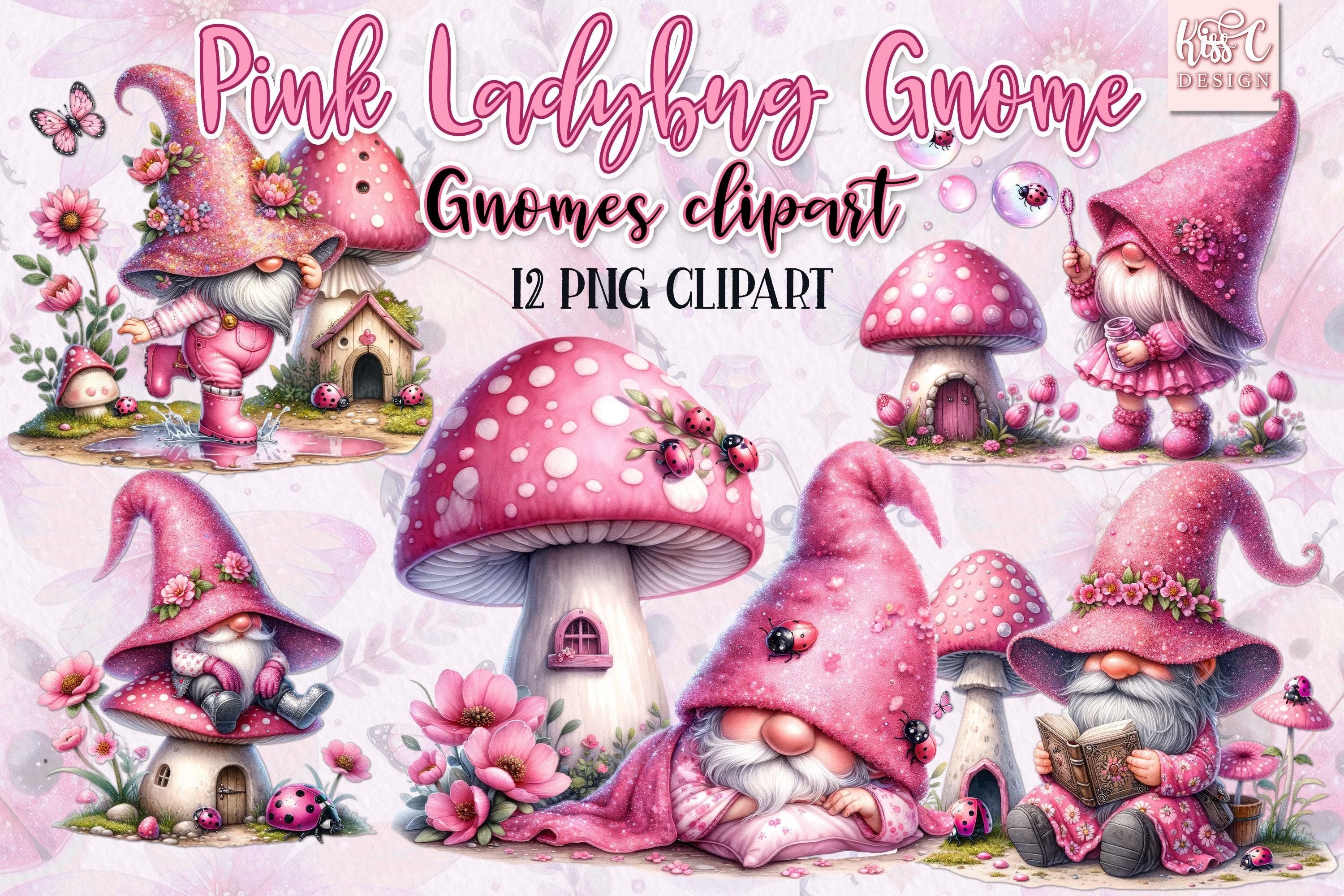 Pink Ladybug Gnomes PNG Clipart. Cute Gnome PNG Bundle. Spring Season ...