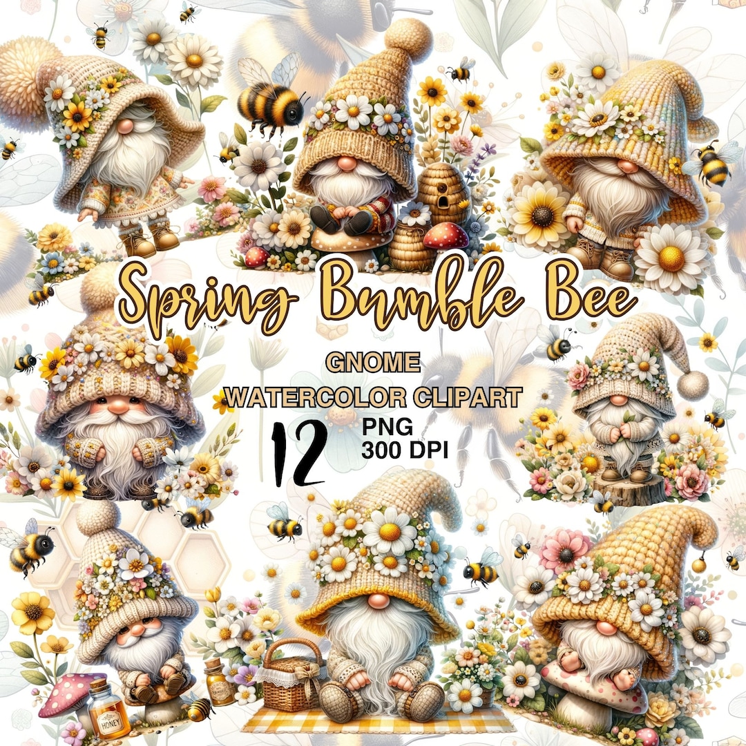 Bumble Bee Gnome Clipart: Watercolor Spring Designs (PNG) - Etsy