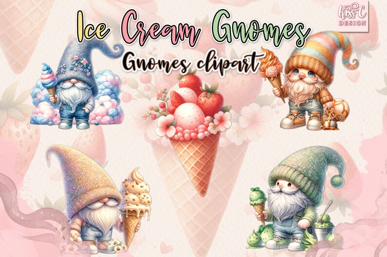 Watercolor Ice Cream Gnomes Clipart Set: 12 PNG Printable Gnomes. Cute ...