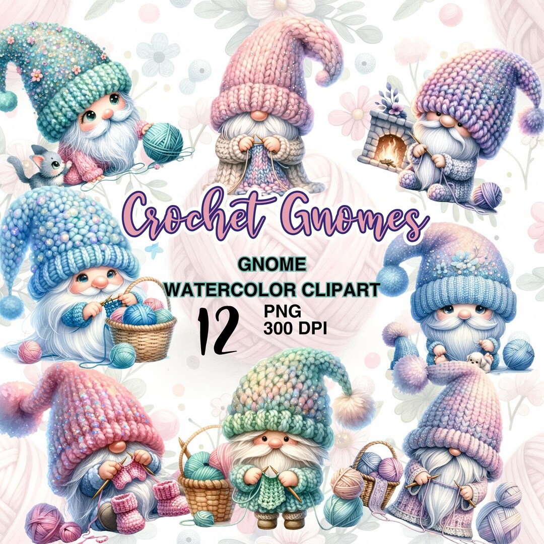 Watercolor Crochet Gnomes Clipart Set: 12 PNG Printable Gnomes. Cute ...