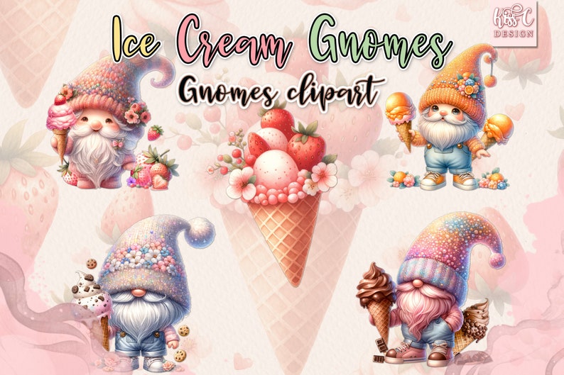 Watercolor Ice Cream Gnomes Clipart Set: 12 PNG Printable Gnomes. Cute ...