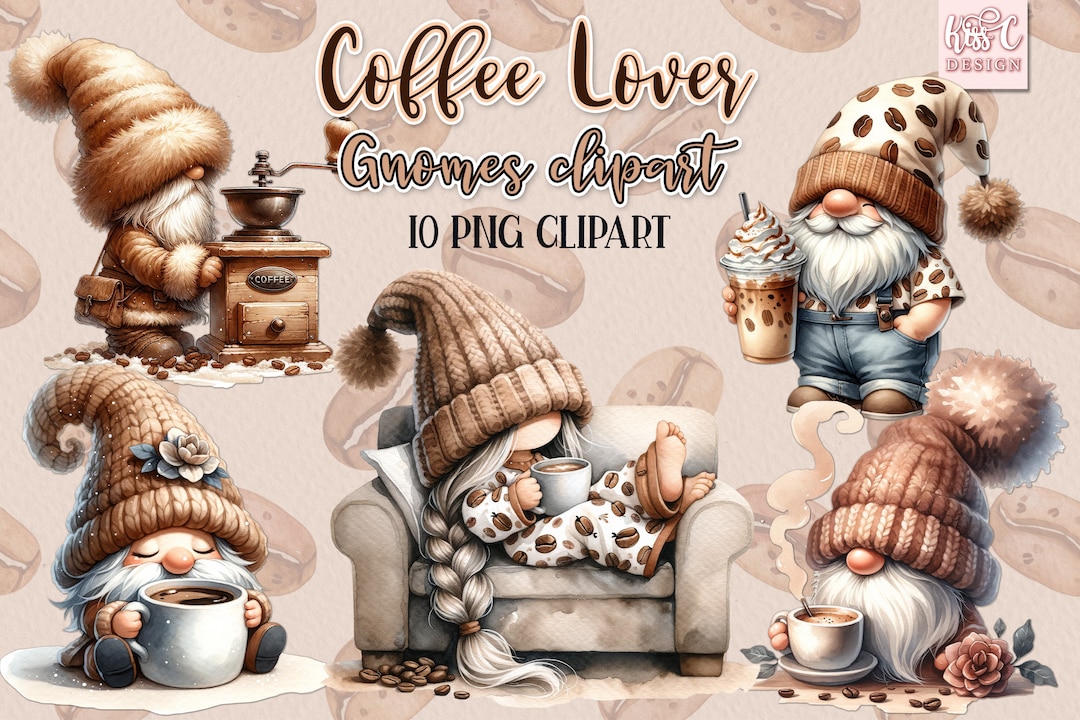 Coffee Lover Gnome Watercolor Clipart Collection Cozy Barista Designs ...