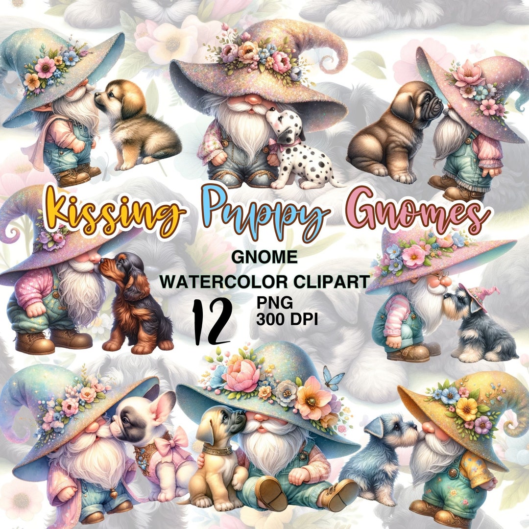 Watercolor Kissing Puppy Gnomes Clipart Collection. 12 PNG Printable ...