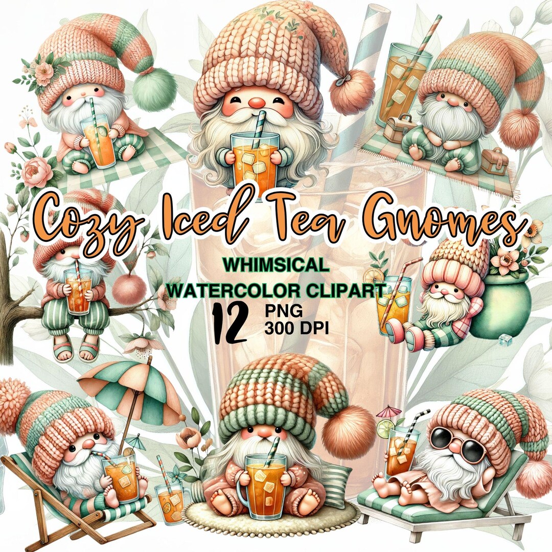Watercolor Iced Tea Gnome Clipart Bundle (12 PNG) - Etsy