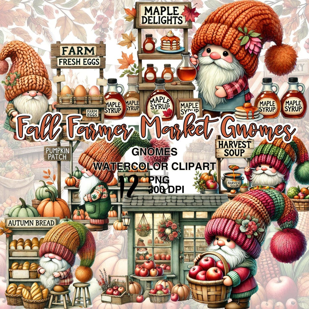 Watercolor Fall Farmer Market Gnomes Clipart Set. 12 Harvest Gnome ...