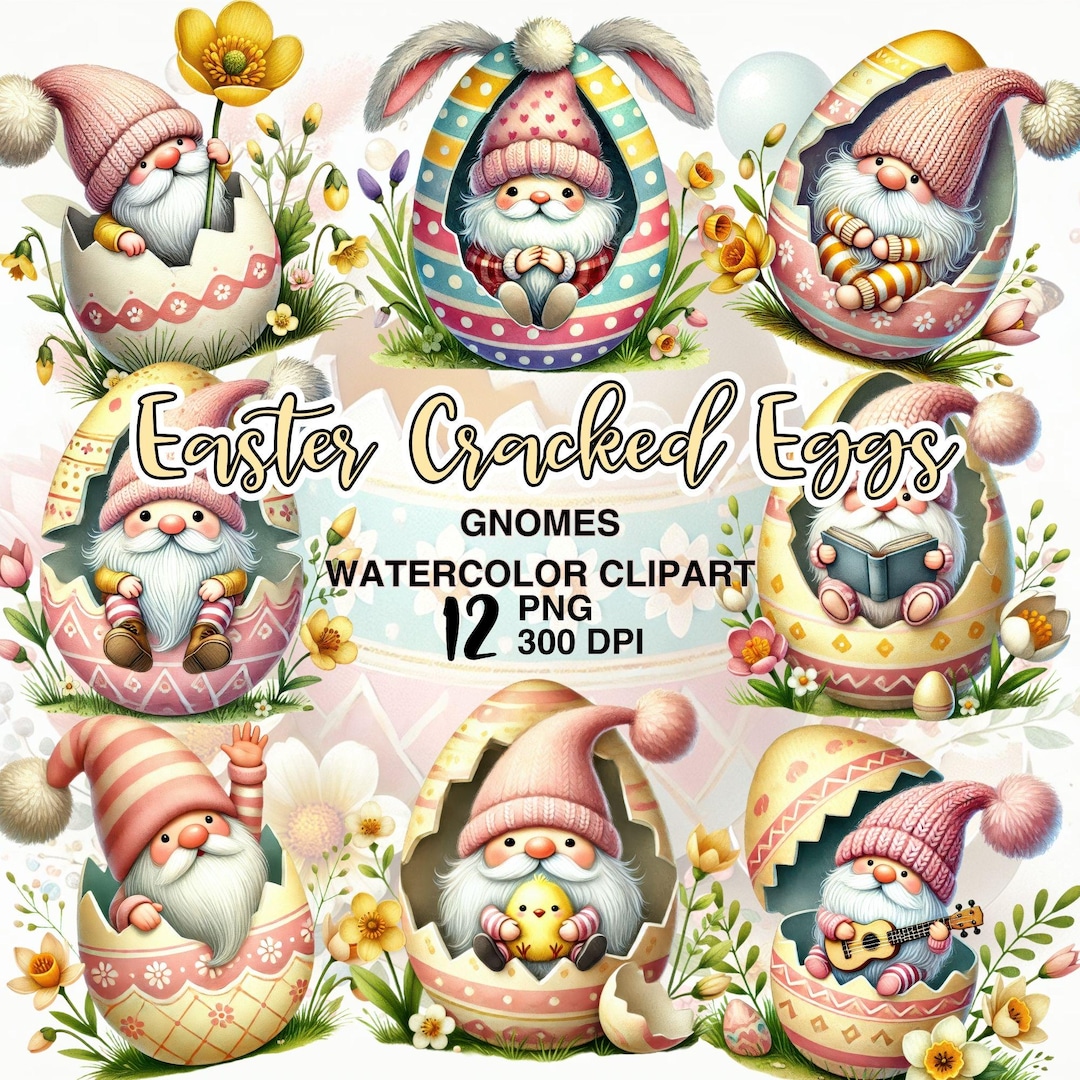 Whimsical Easter Cracked Eggs Gnomes Watercolor Clipart. 12 Cute Easter ...