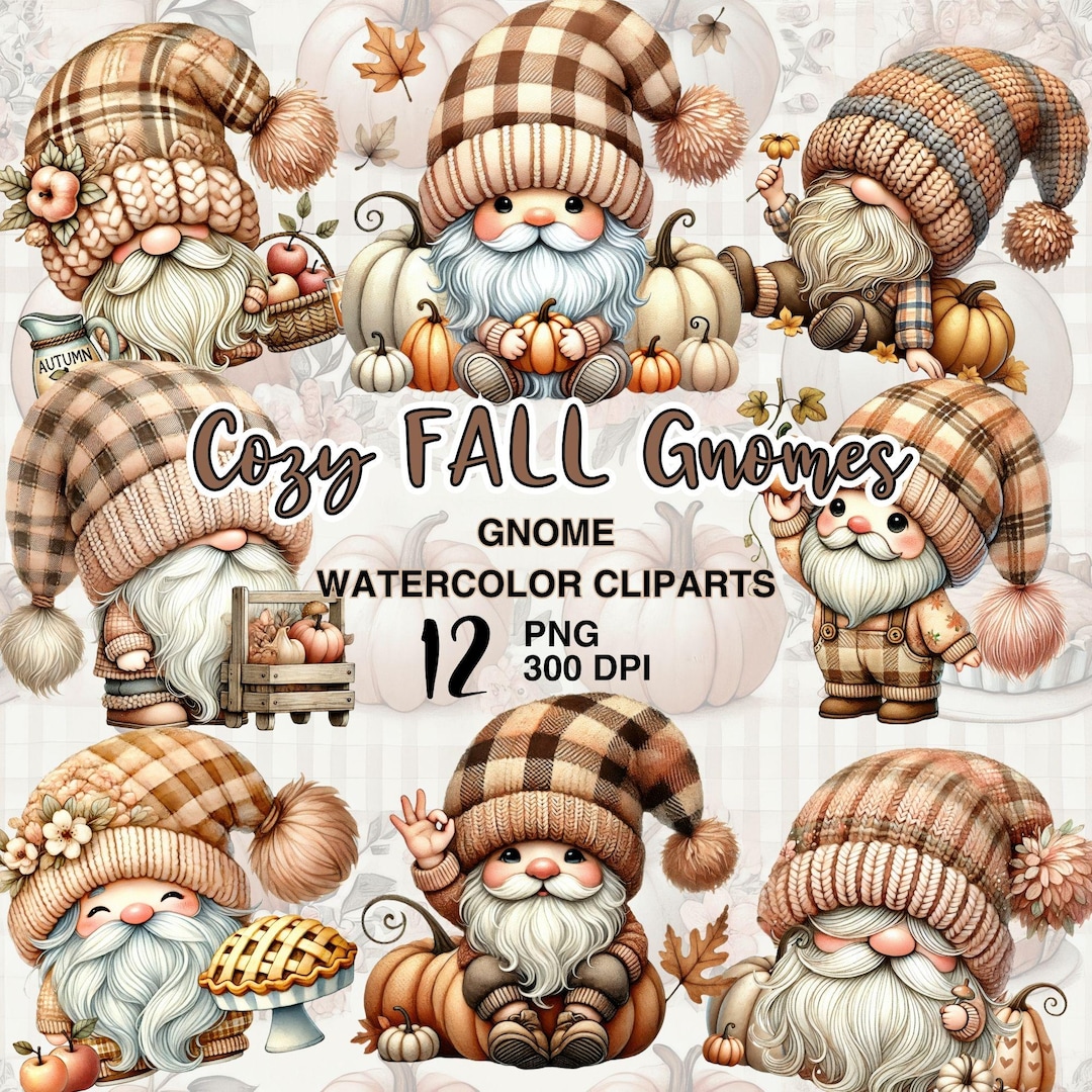 Watercolor Cozy Fall Gnomes Clipart Set. 12 Autumn Pumpkin Gnome ...