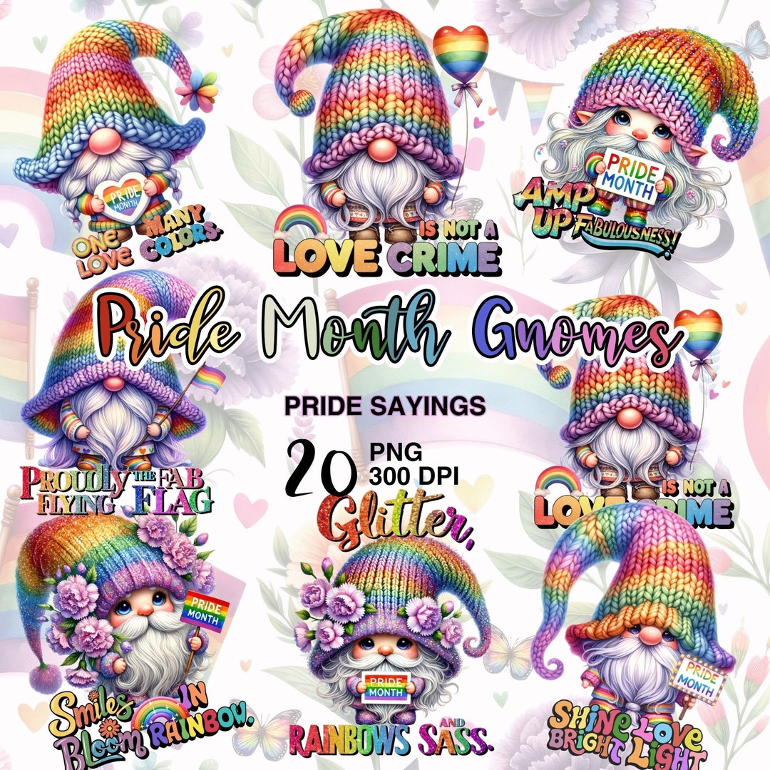 Watercolor Pride Month Celebration Gnomes With Sayings Clipart. 20 PNG ...