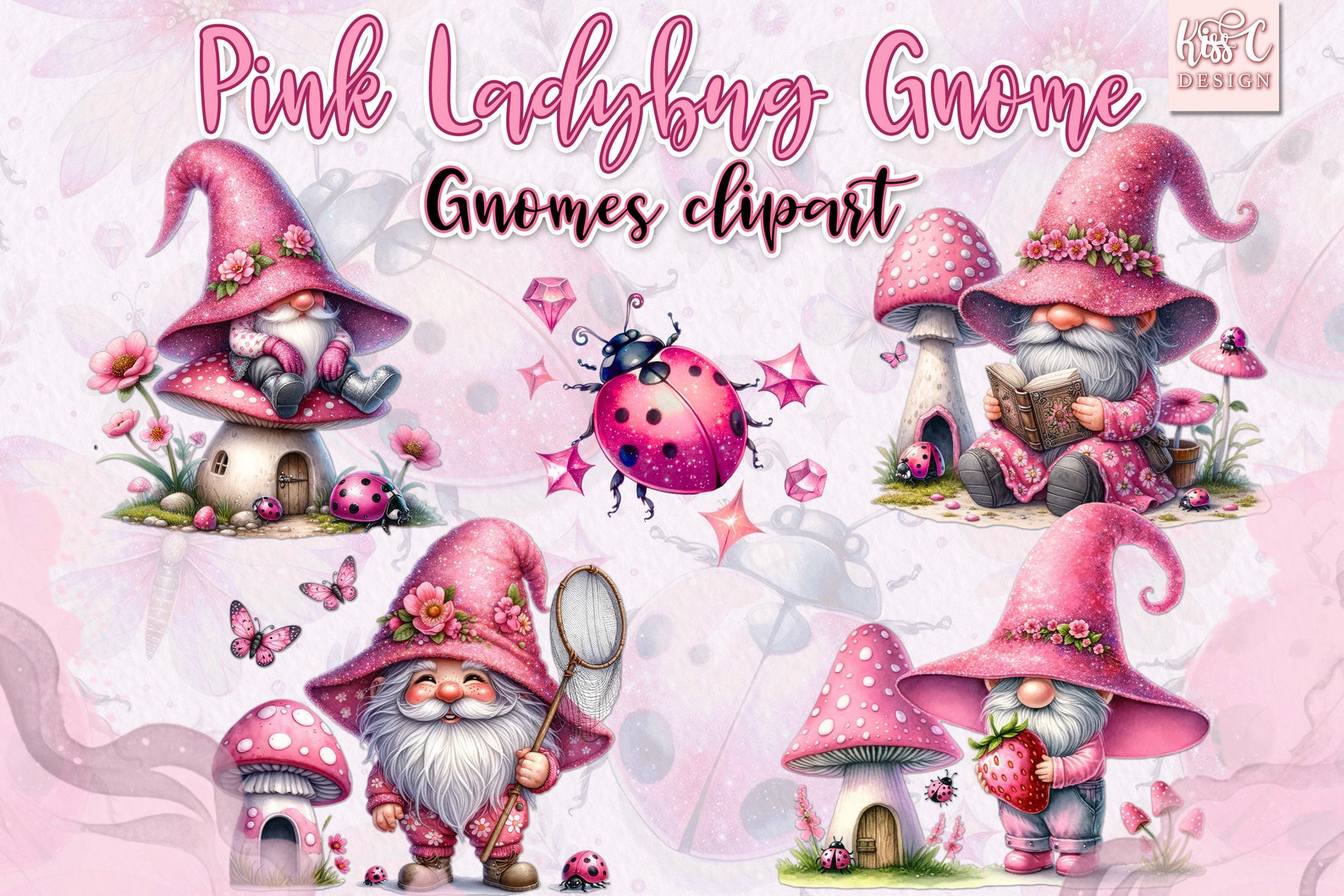 Pink Ladybug Gnomes PNG Clipart. Cute Gnome PNG Bundle. Spring Season ...