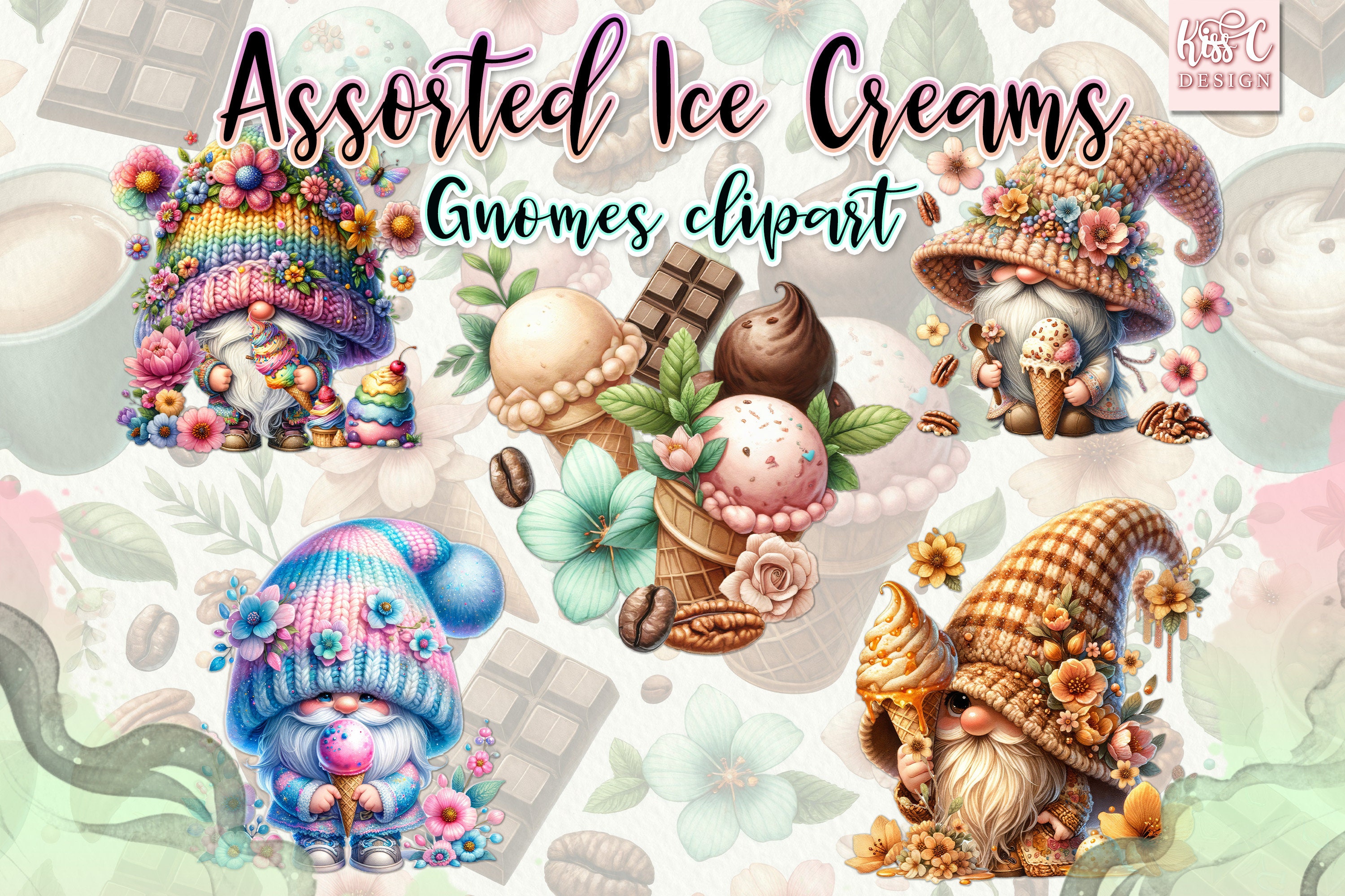 Watercolor Assorted Ice Cream Gnomes PNG Clipart. Gnome PNG Bundle ...