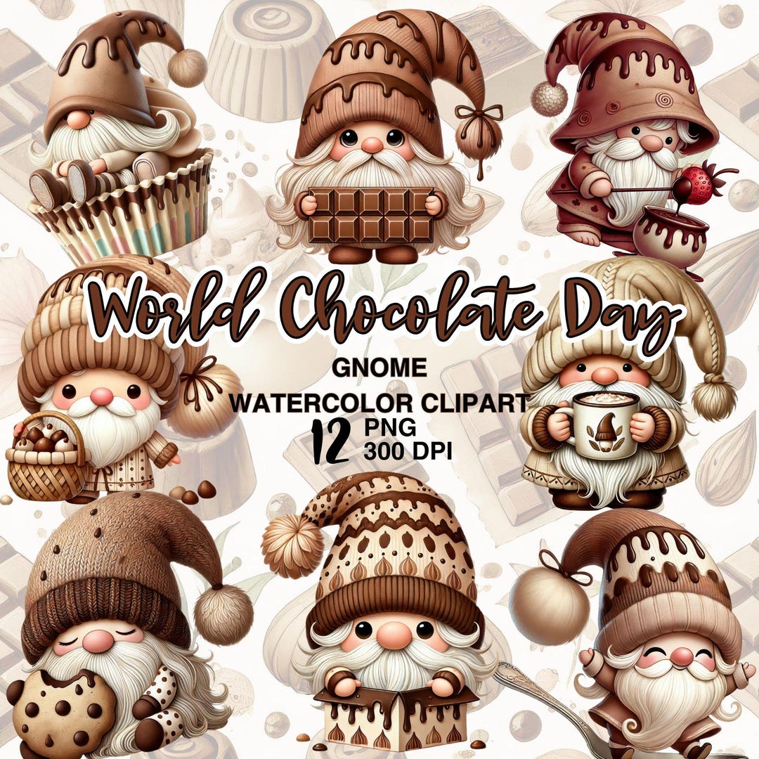 World Chocolate Day Gnomes Watercolor Clipart. 12 Cute Chocolate-themed ...