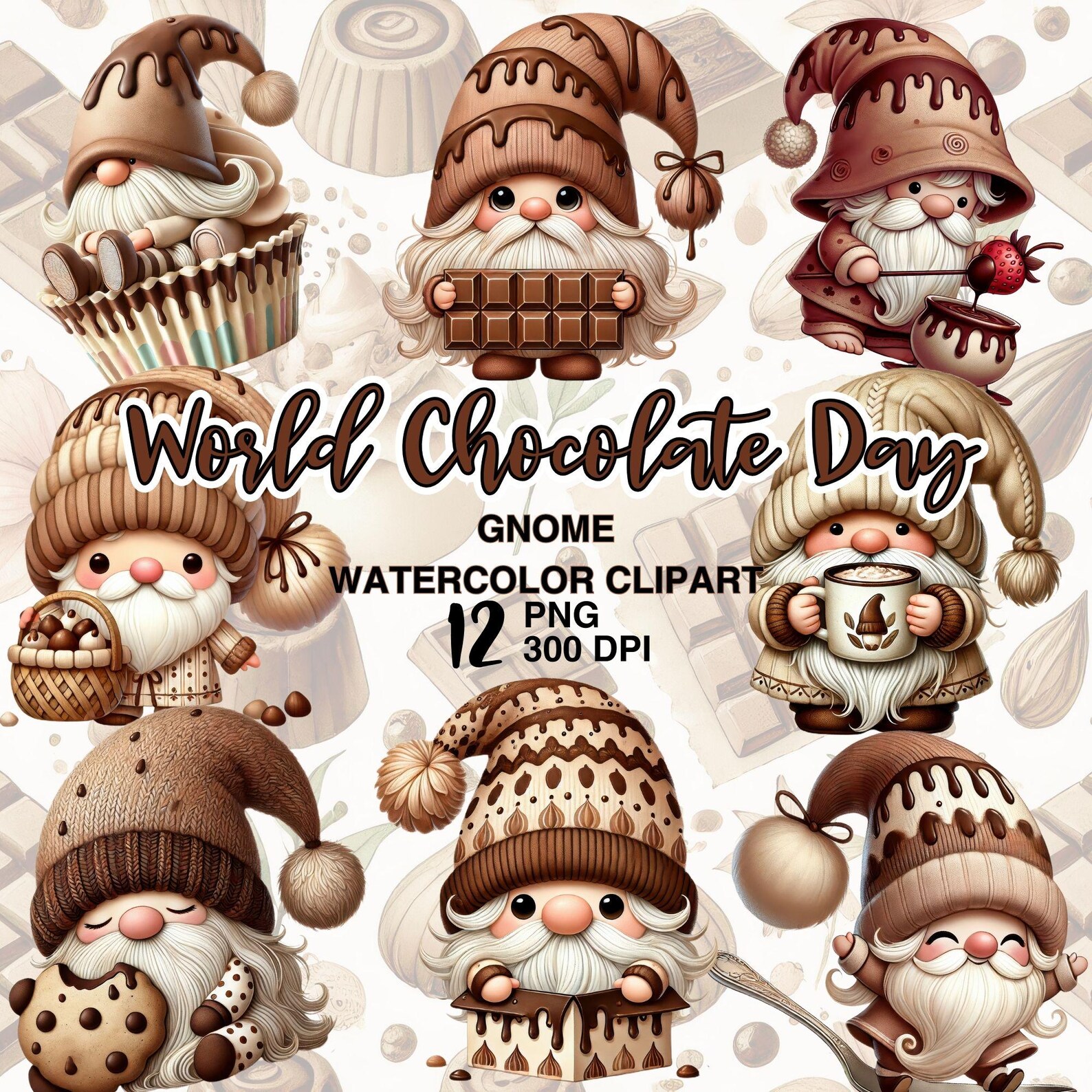 World Chocolate Day Gnomes Watercolor Clipart. 12 Cute Chocolate-themed ...