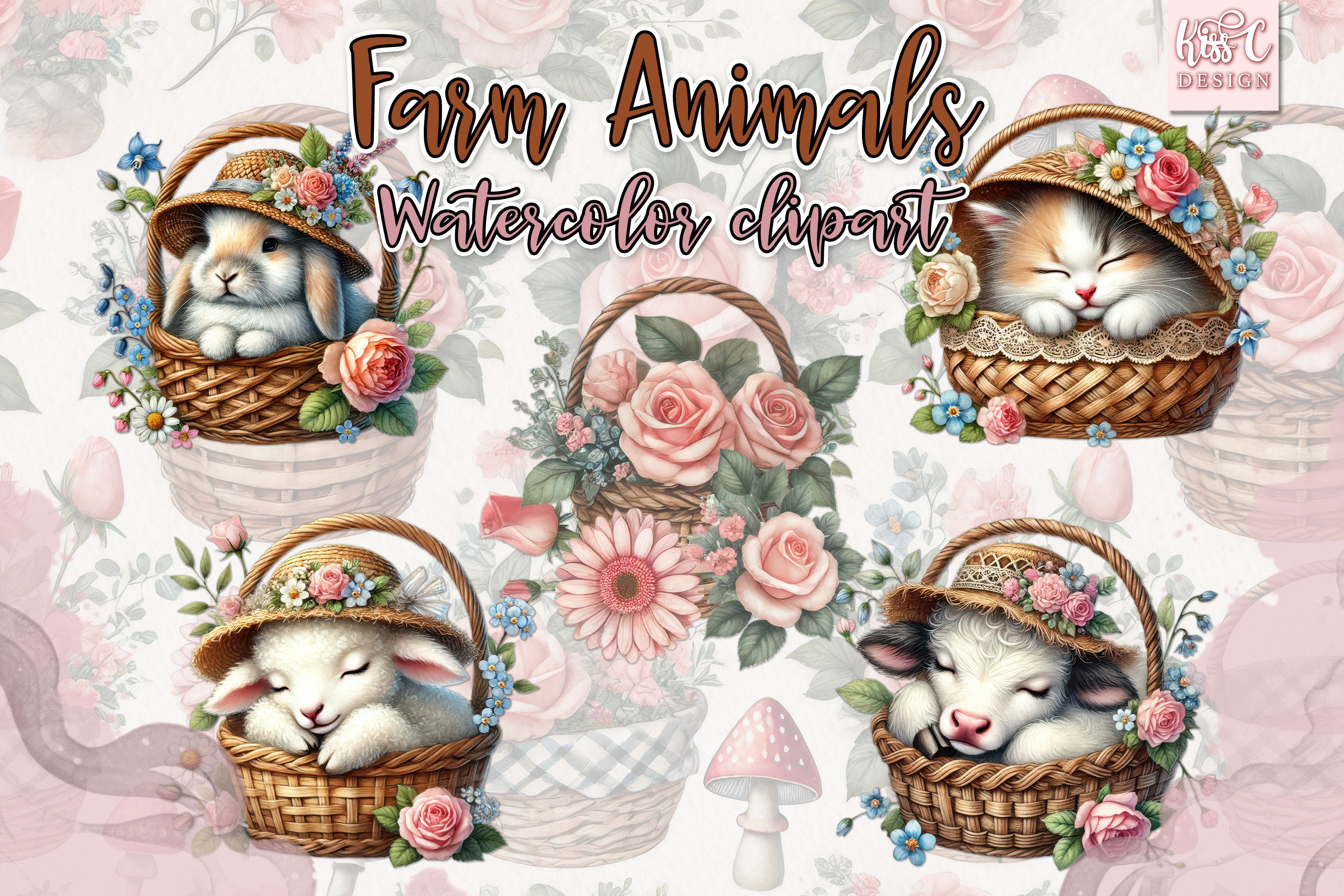 Watercolor Whimsical Farm Animals Clipart. 12 Farm Animal Prints PNG ...
