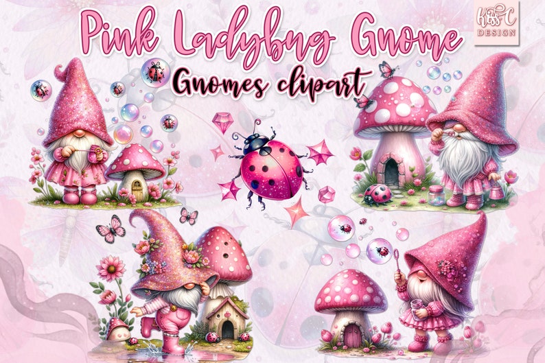 Pink Ladybug Gnomes PNG Clipart. Cute Gnome PNG Bundle. Spring Season ...