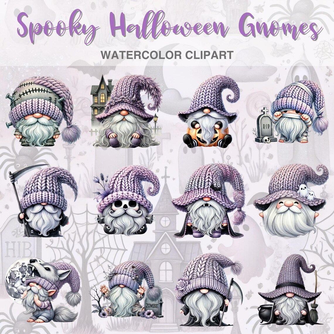 Watercolor Spooky Halloween Gnomes Clipart Set. 12 Cute Monster Gnome ...