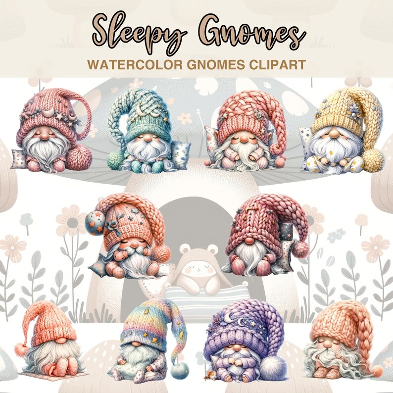Watercolor Sleepy Gnomes PNG Clipart. Gnome PNG Bundle. Spring & Summer ...